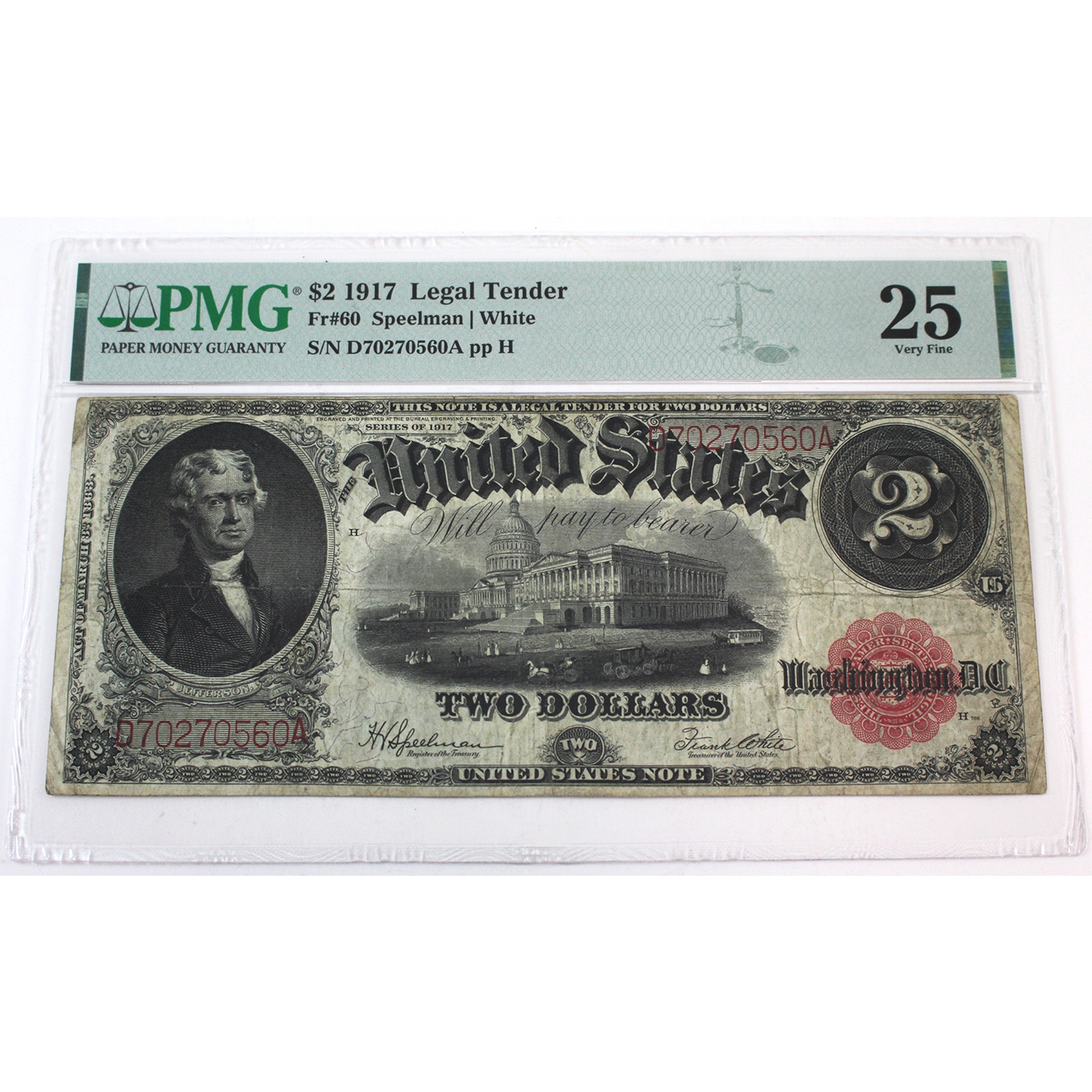 USA 1917 FR#60 $2 Note PMG VF25 Speelman-White SN: D70270560A pp H