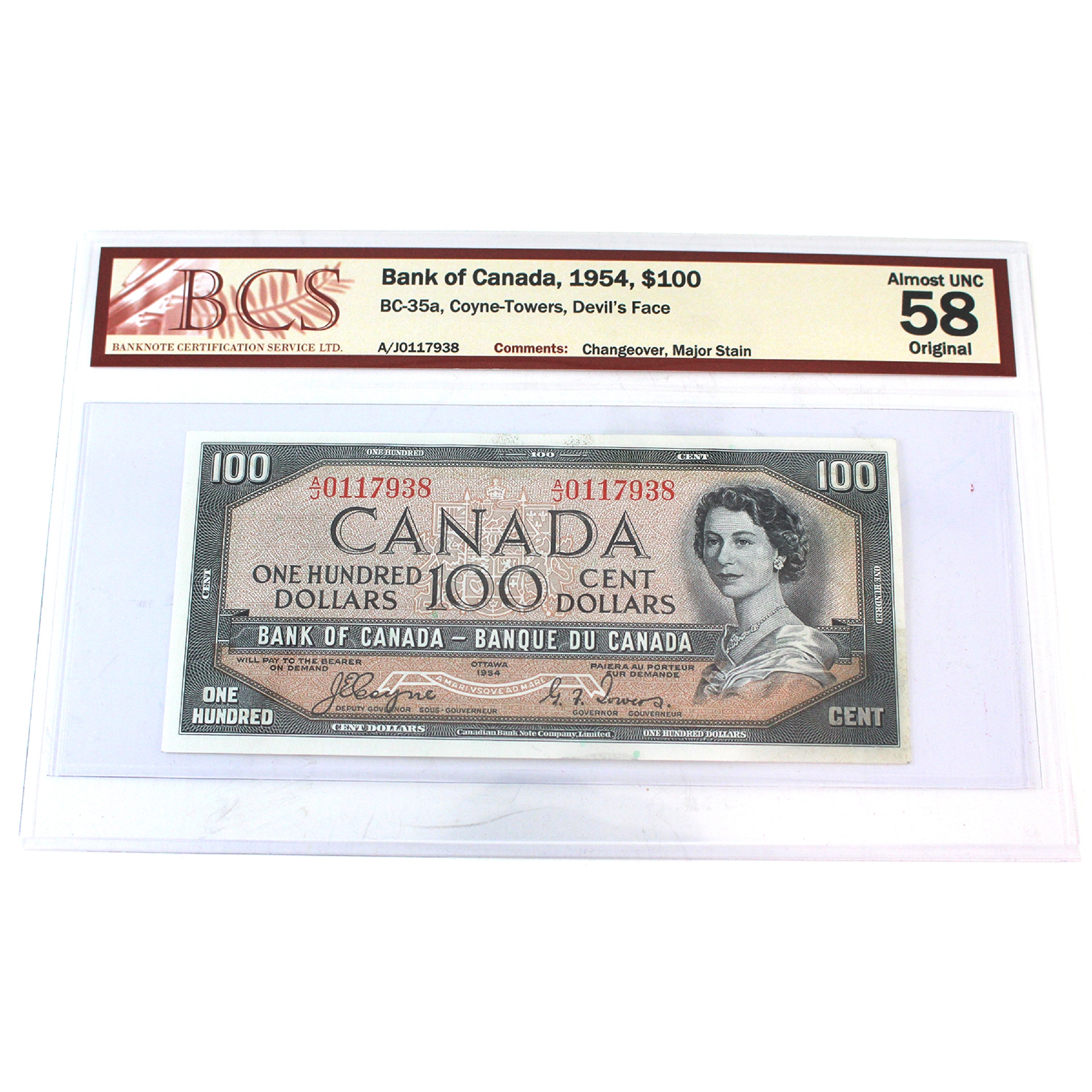 BC-35a 1954 $100 Devil's Face BCS AU58 Original Changeover Coyne-Towers ...