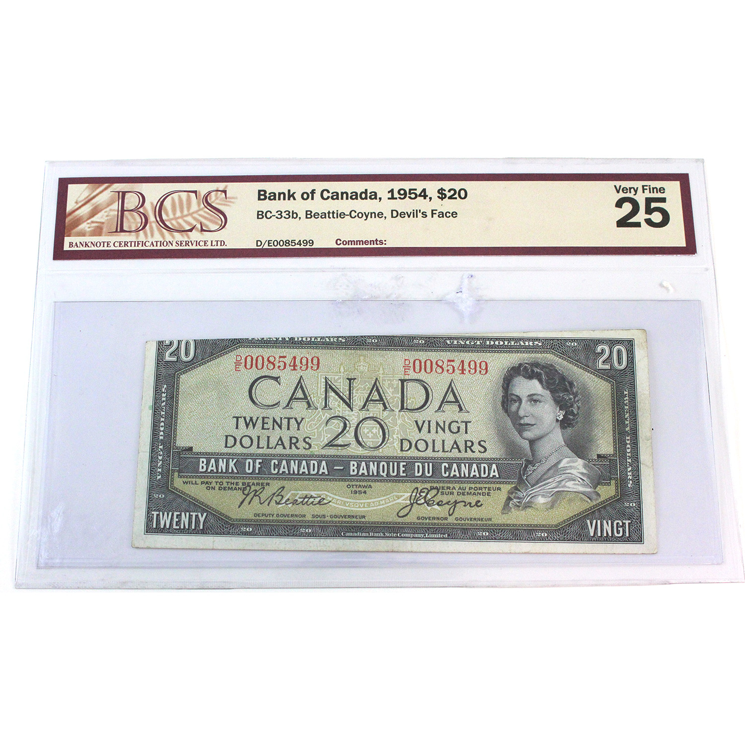 ERROR BC-33b 1954 $20 Devil's Face, Cut off Size BCS VF25 Beattie-Coyne SN: D/E0085499