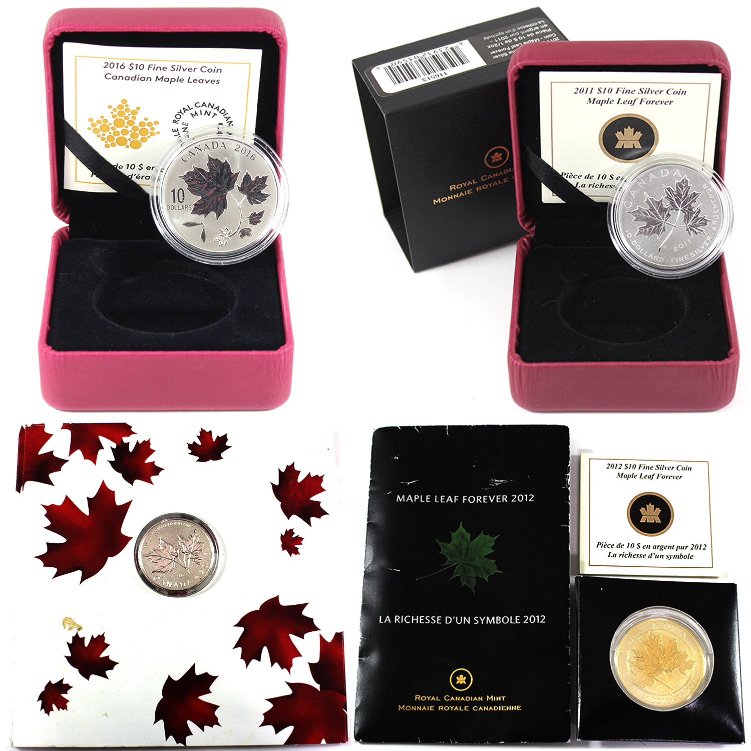 Group Lot of 2011-2018 $10 Maple Leaf Fine Silver Coins. 4pcs (Tax Exempt)