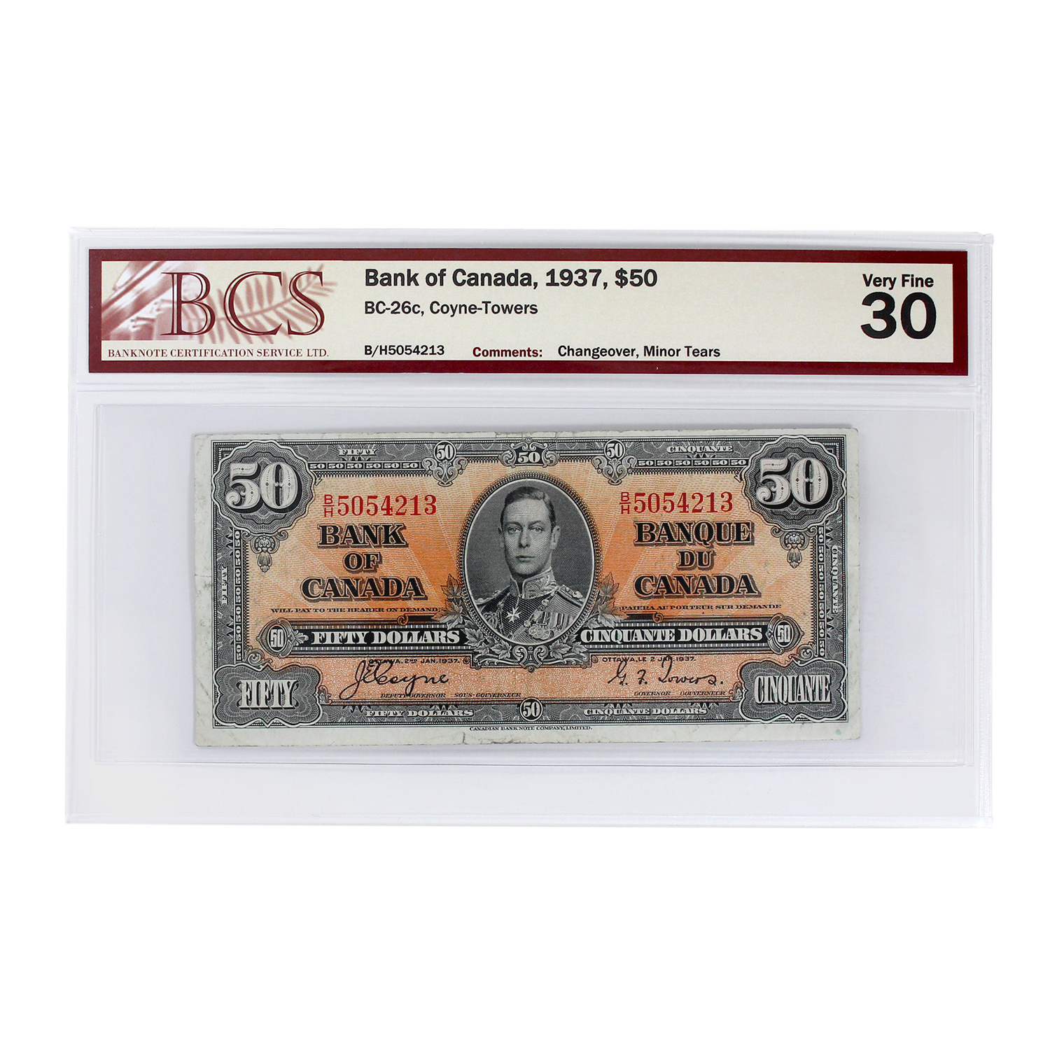 BC-26c 1937 $50 BCS VF30 Coyne-Towers Changeover SN: B/H5054213