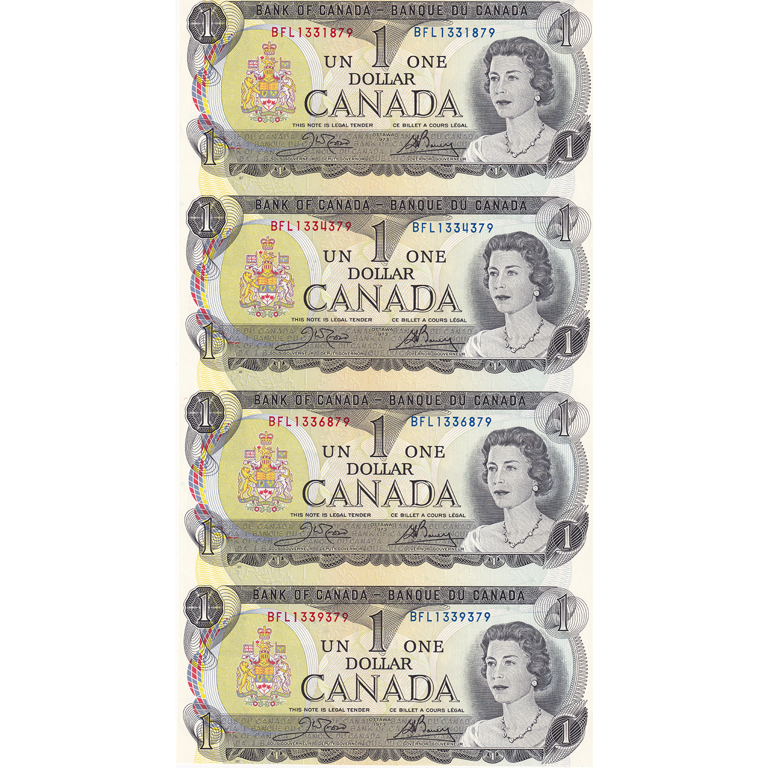 Uncut Sheet of 4x 1973 $1 Banknotes BFL Prefix Housed in Queen ...