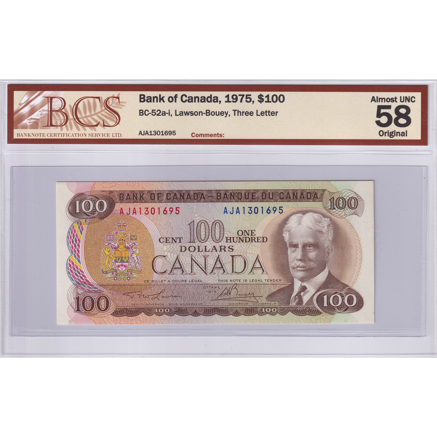 BC-52a-i 1975 $100 BCS AU58 Original Lawson-Bouey Three Letter SN: AJA1301695