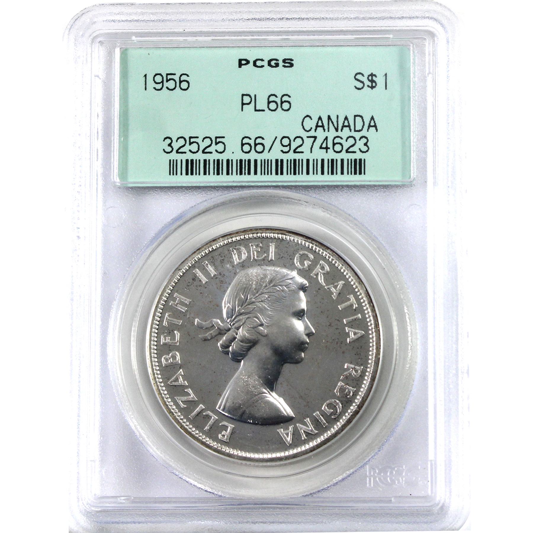 Silver $1 1956 PCGS PL66. In Vintage Green-Label Holder