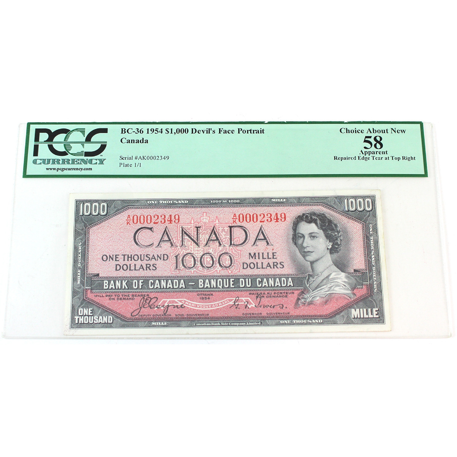 BC-36 1954 $1000 Devil's Face Portrait PCGS AU58 Apparent Coyne-Towers SN: A/K0002349 *Rare!*