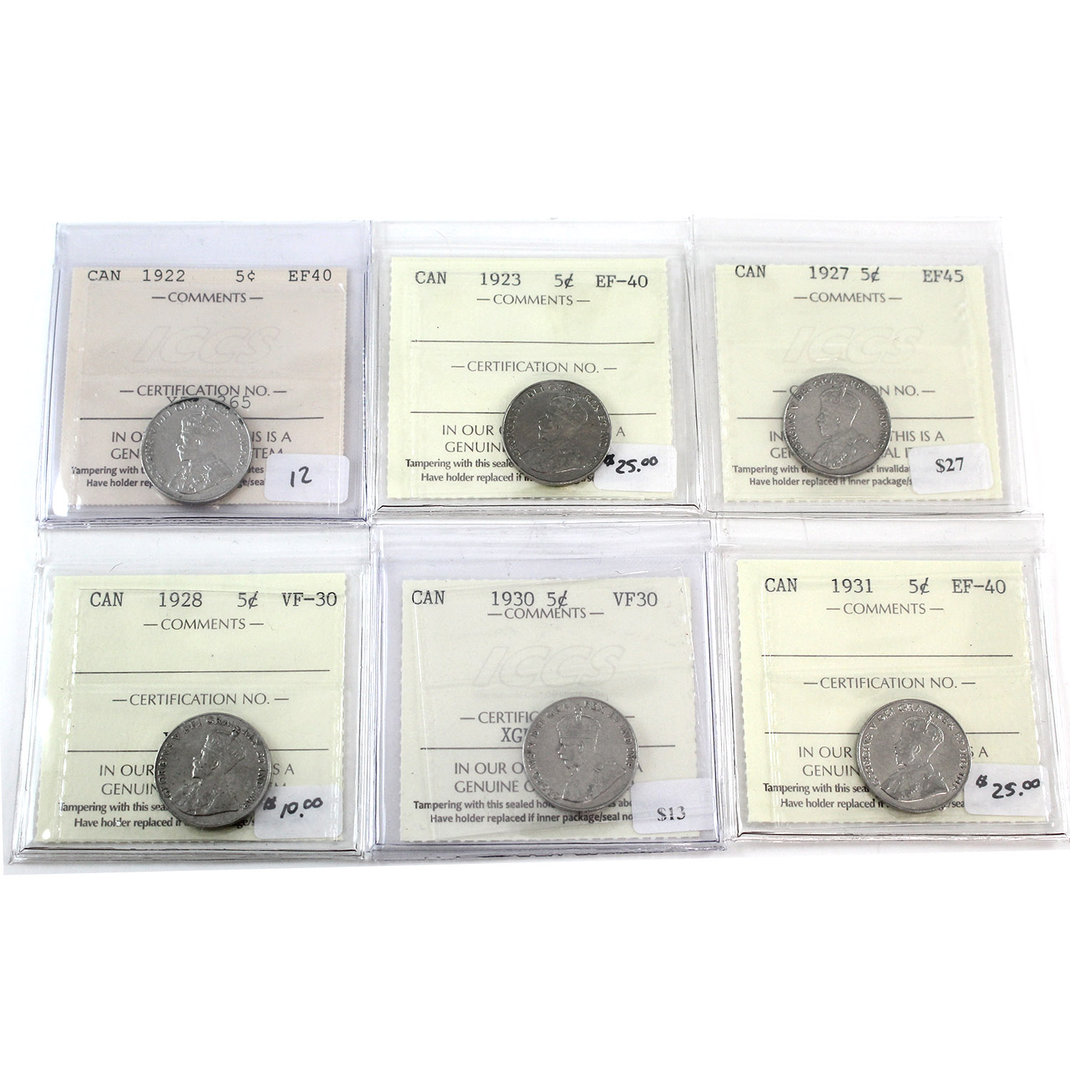 5-cent 1922 EF40, 1923 EF40, 1927 EF45, 1928 VF30, 1930 VF30 & 1931 EF40 all ICCS Certified. 6pcs