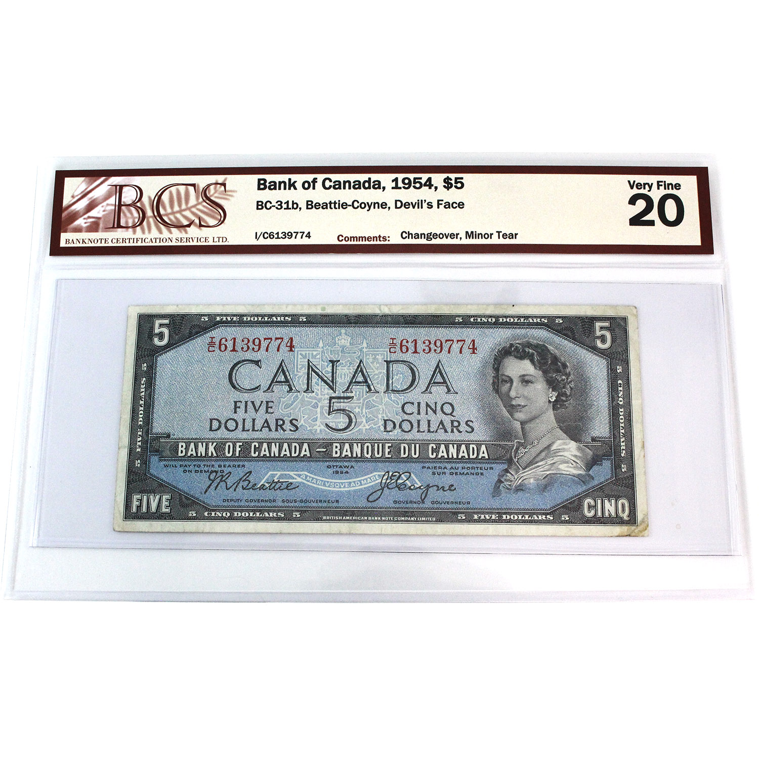 BC-31b 1954 $5 Devil's Face BCS VF20 Beattie-Coyne, Changeover SN: I/C6139774