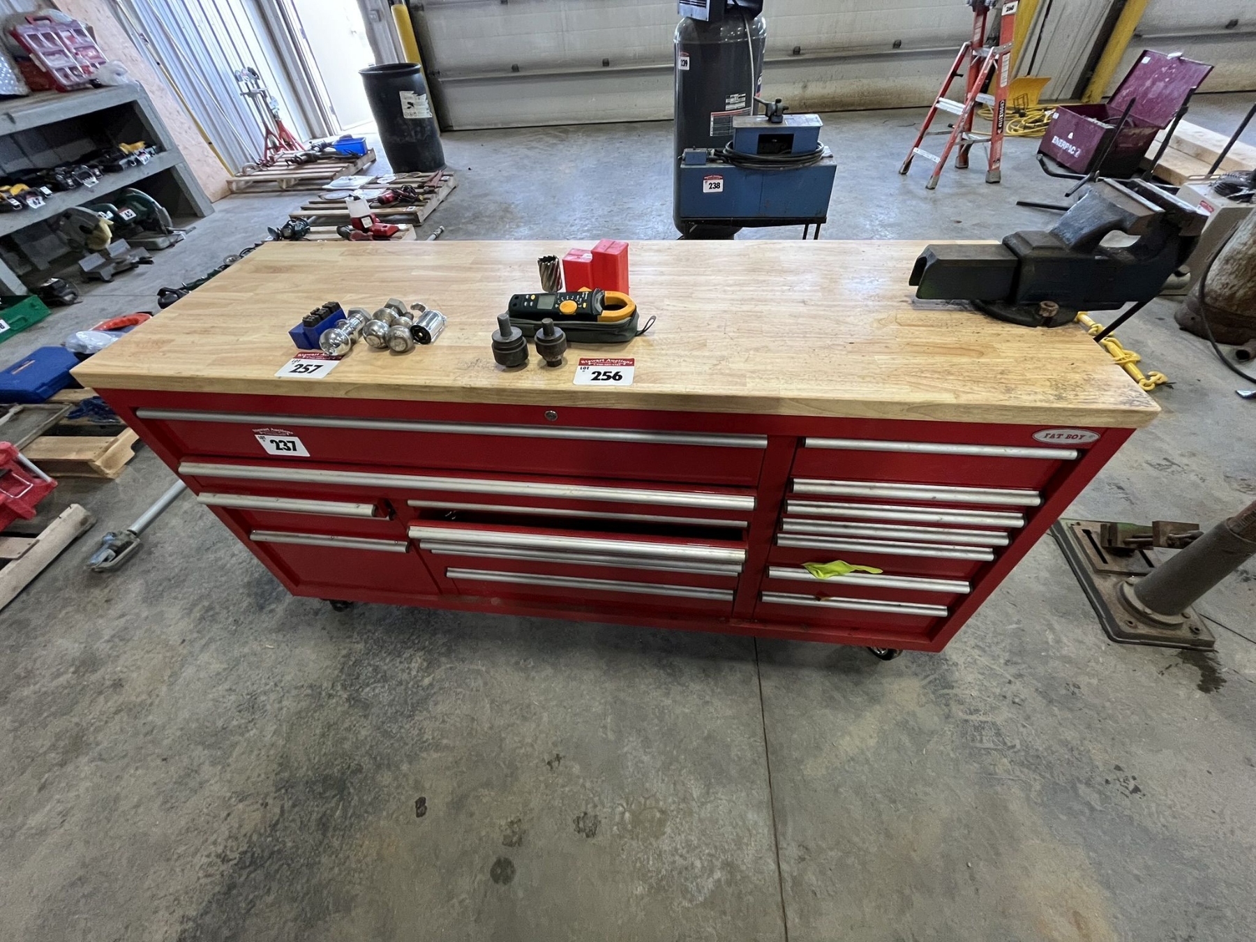 Fat Boy Tool Box on Casters with Vice & Drawer Contents Only