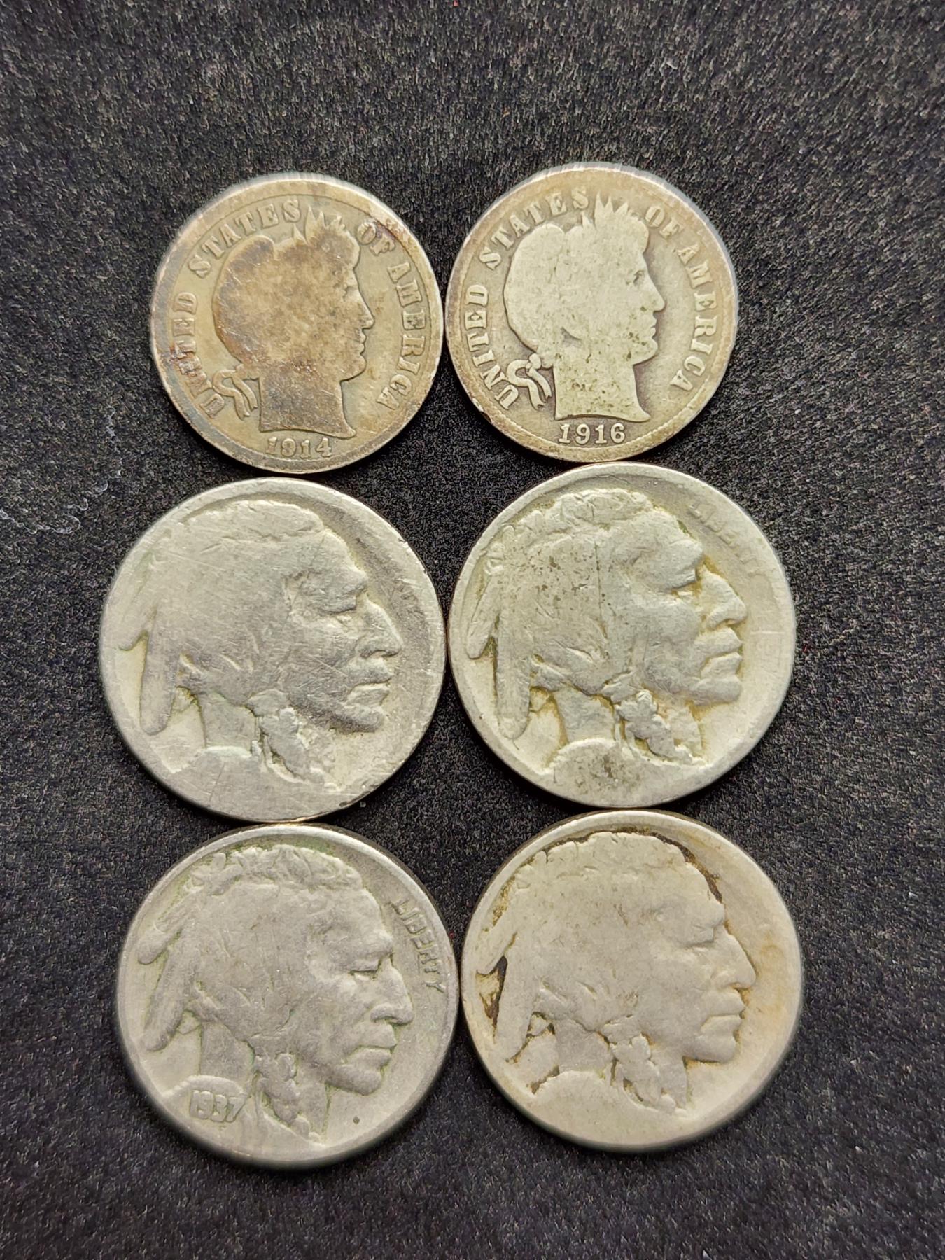 Six Assorted United States Coins Including Two Silver Barber Dimes & 4 ...