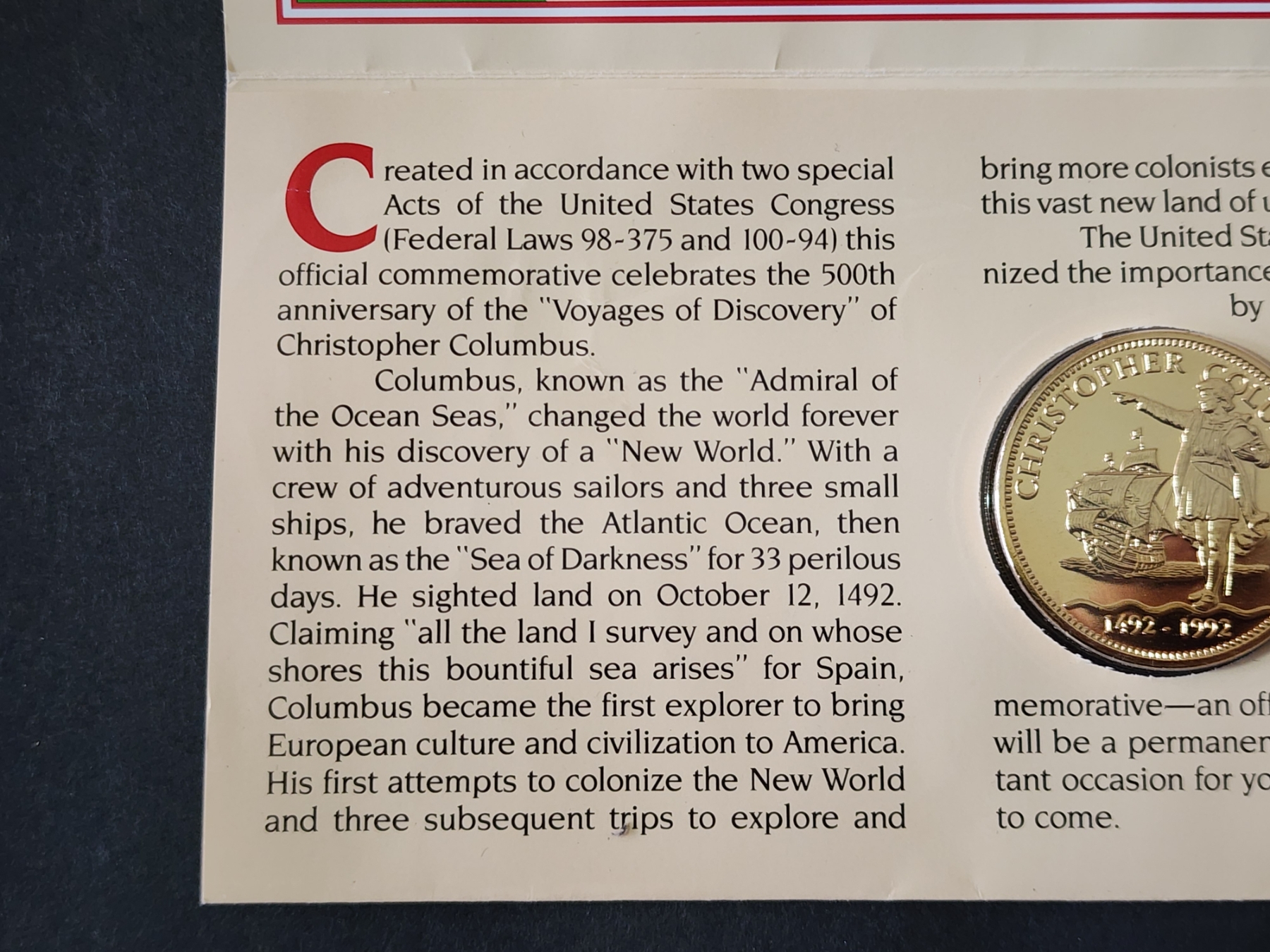 Christopher Columbus's First Voyage 500th Anniversary Commemorative ...