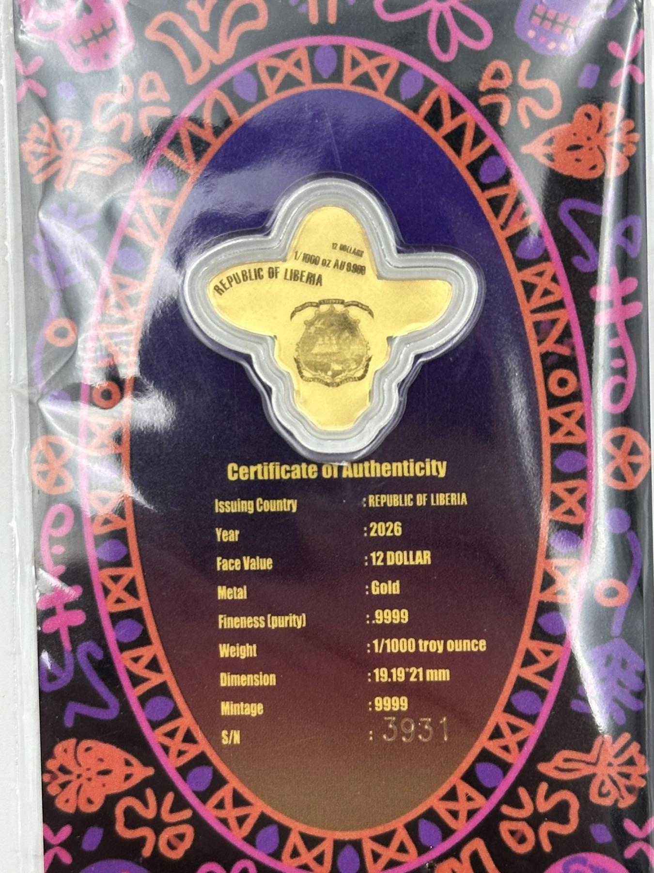 2026 Liberia 1/1000th Gold Carded Dia De Los Muertos Special Shaped ...