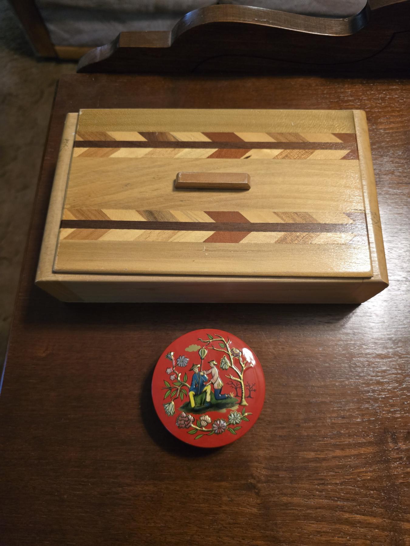 (2) Trinket Boxes - Wood and Tin - Bosley Auctioneers