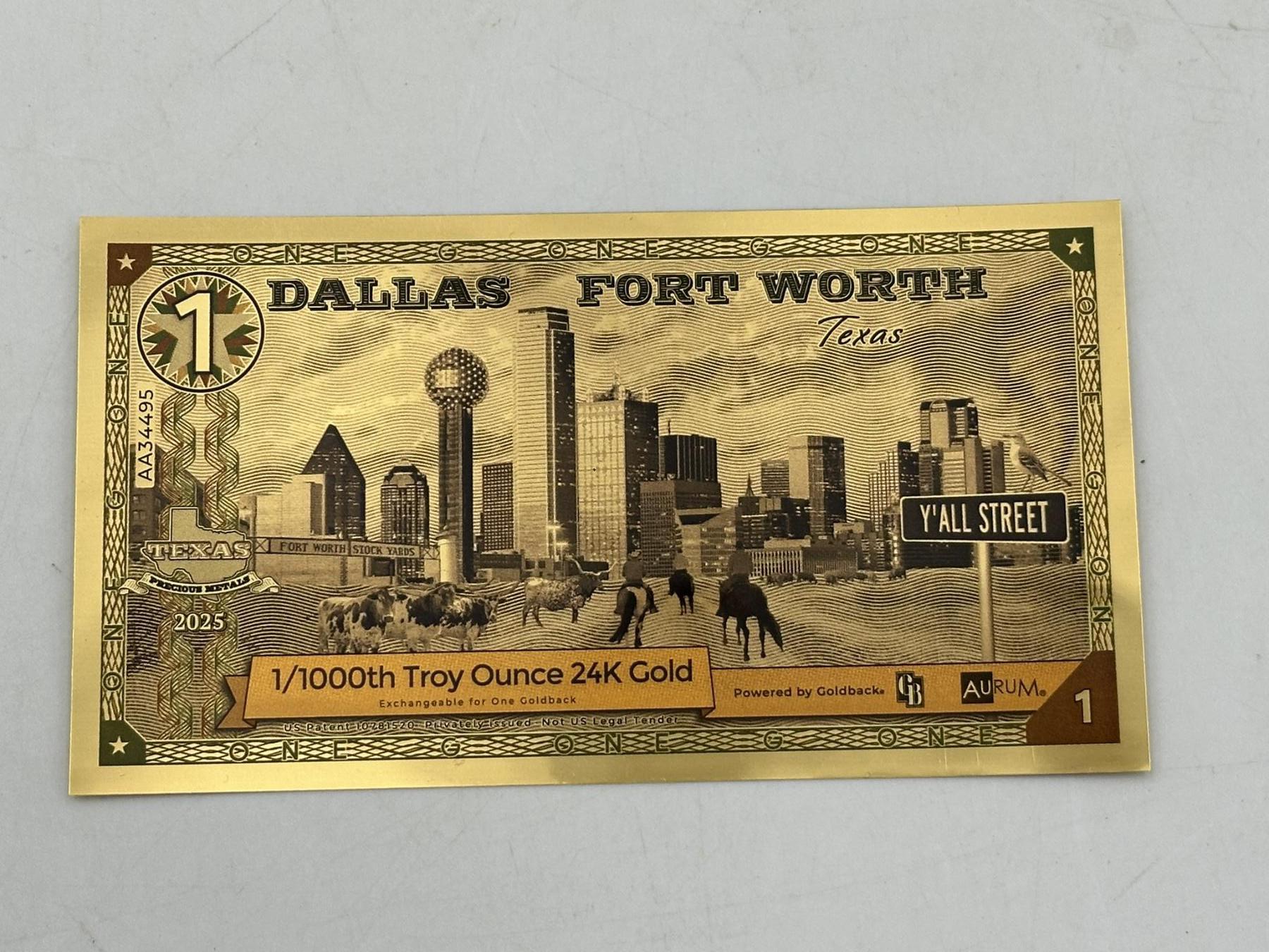 1 Dallas Forth Worth Texas Goldback – 24k Aurum Gold Foil Note 1/1000th ...