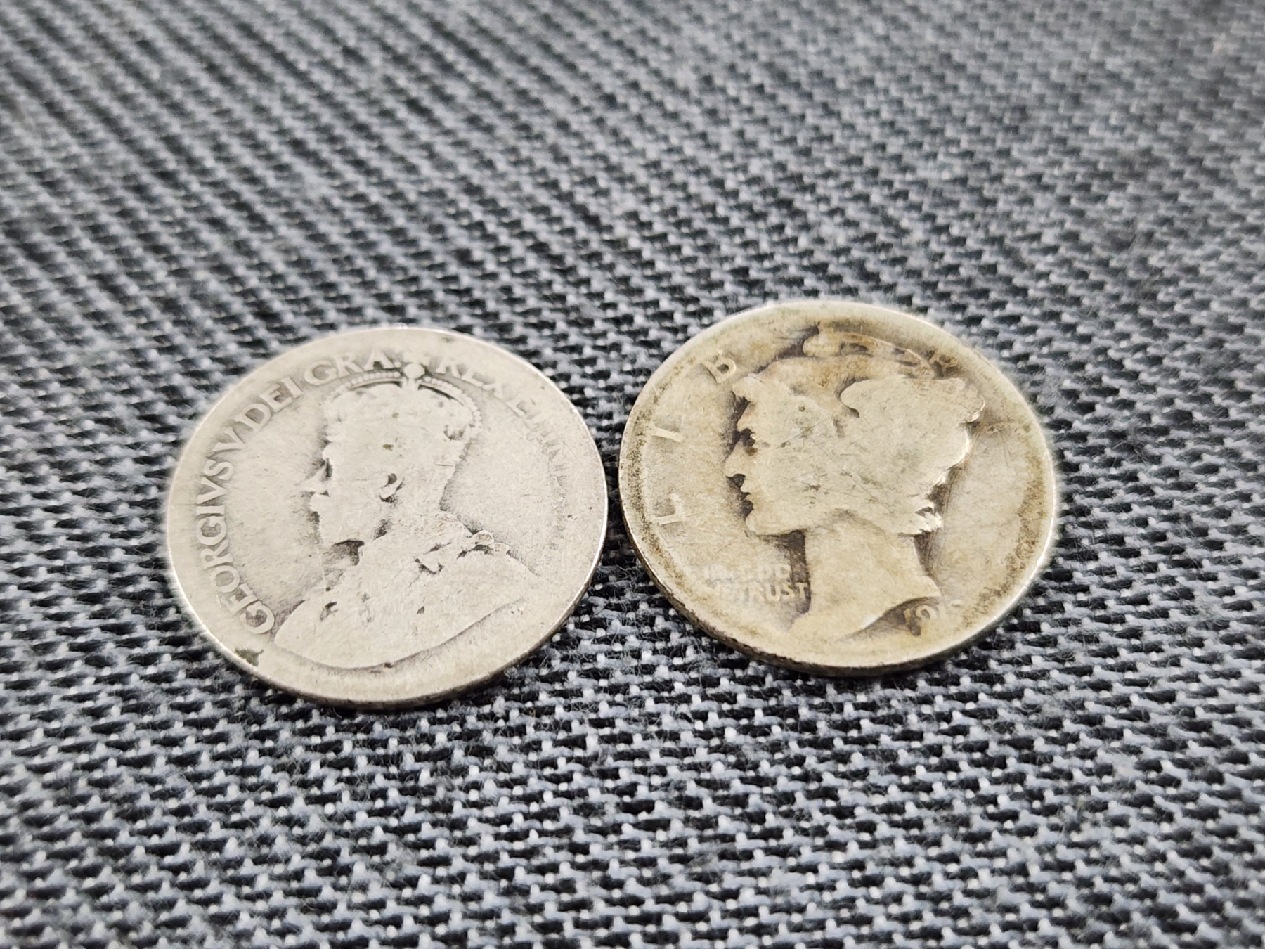 Two Small Silver Coins - Early 1900's Mercury Dime & Early Canadian 5 ...