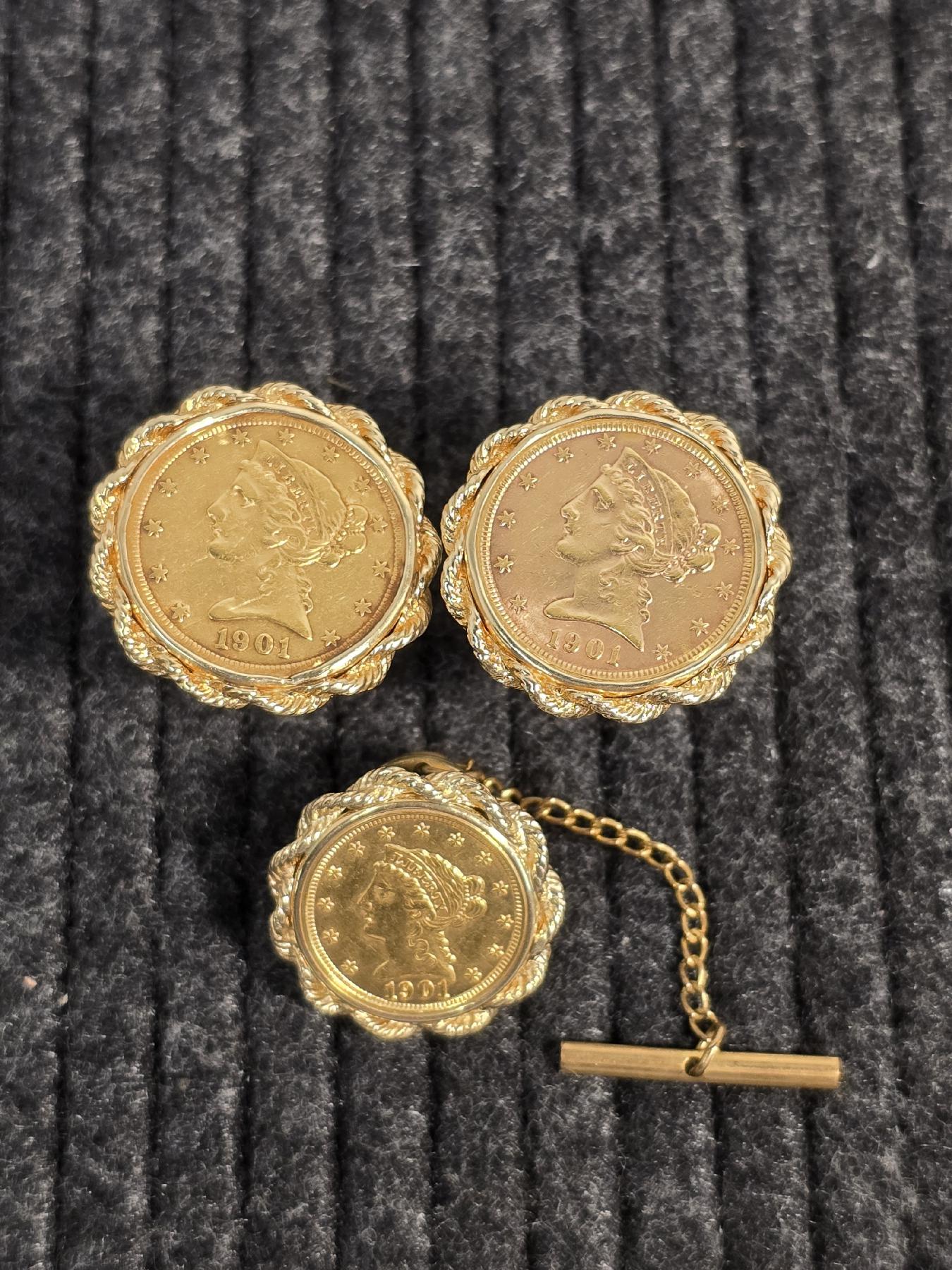 Gold Coin Jewelry - 90% Gold Coin Cufflinks & Tie Tack - Total Weight ...