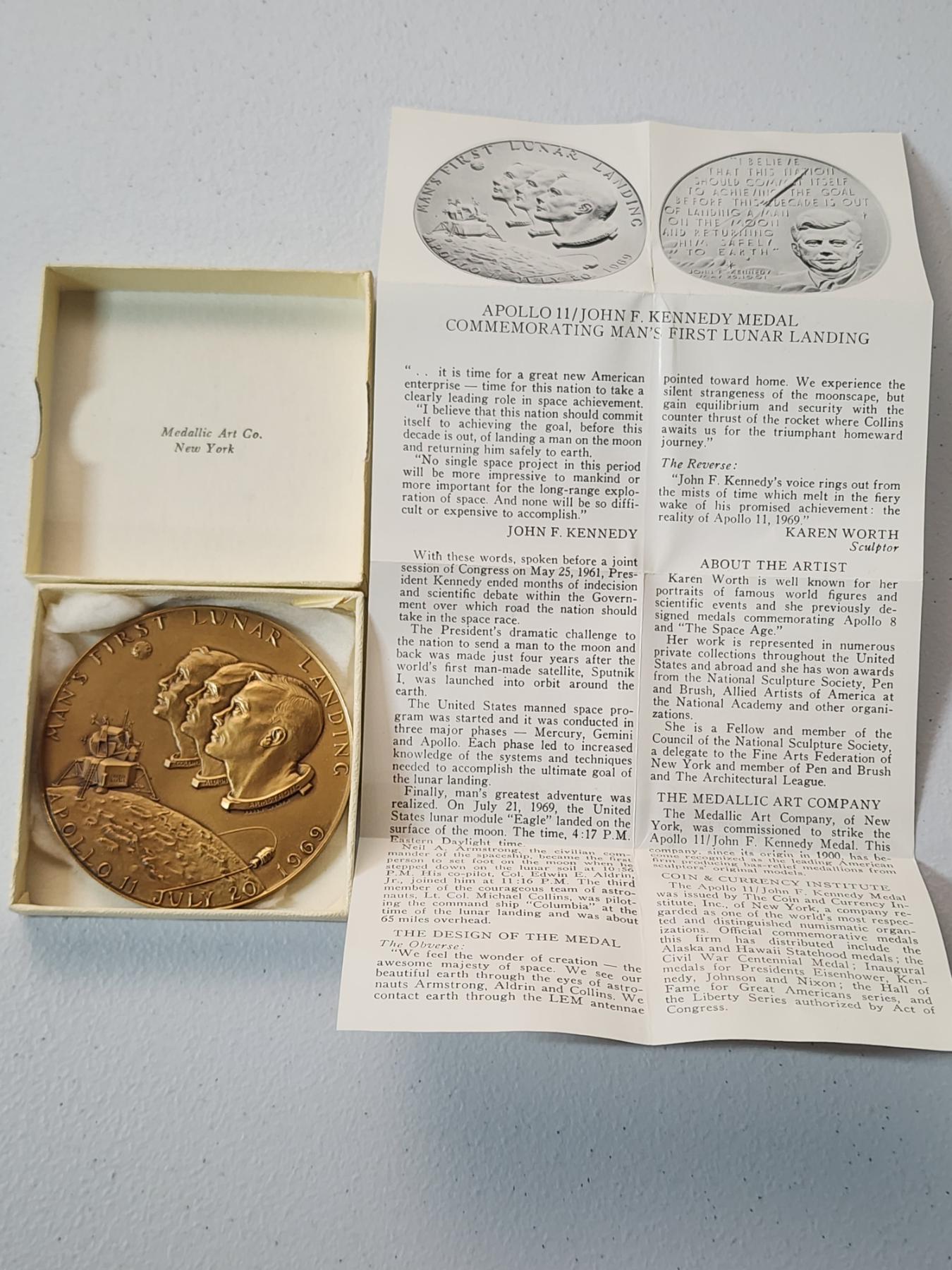 Apollo 11 Man's First Lunar Landing JFK 5oz Bronze Medal - Bosley ...