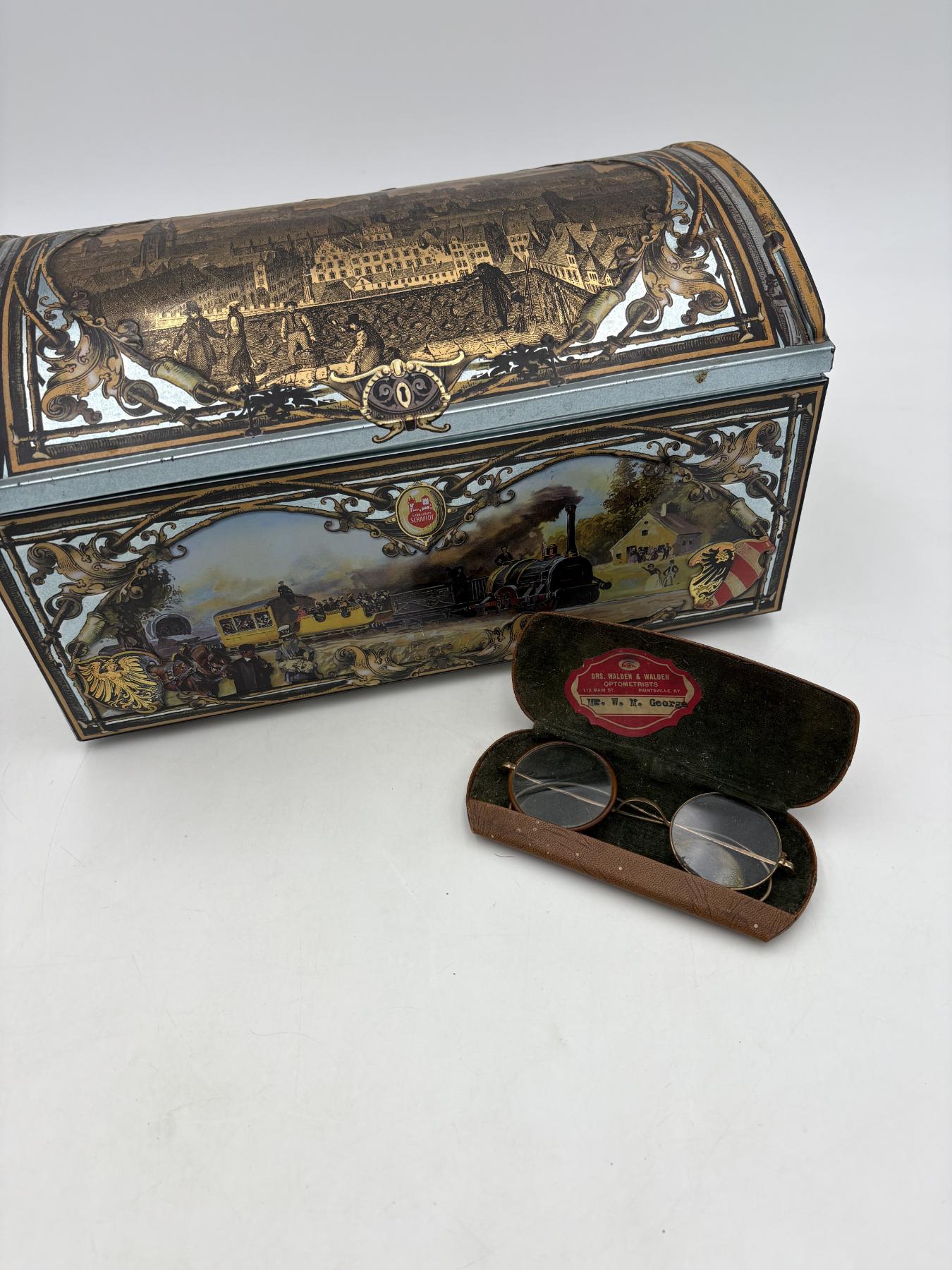 German Bread Box Tin & Antique bi-focals in Case - Drs. Walden & Walden ...