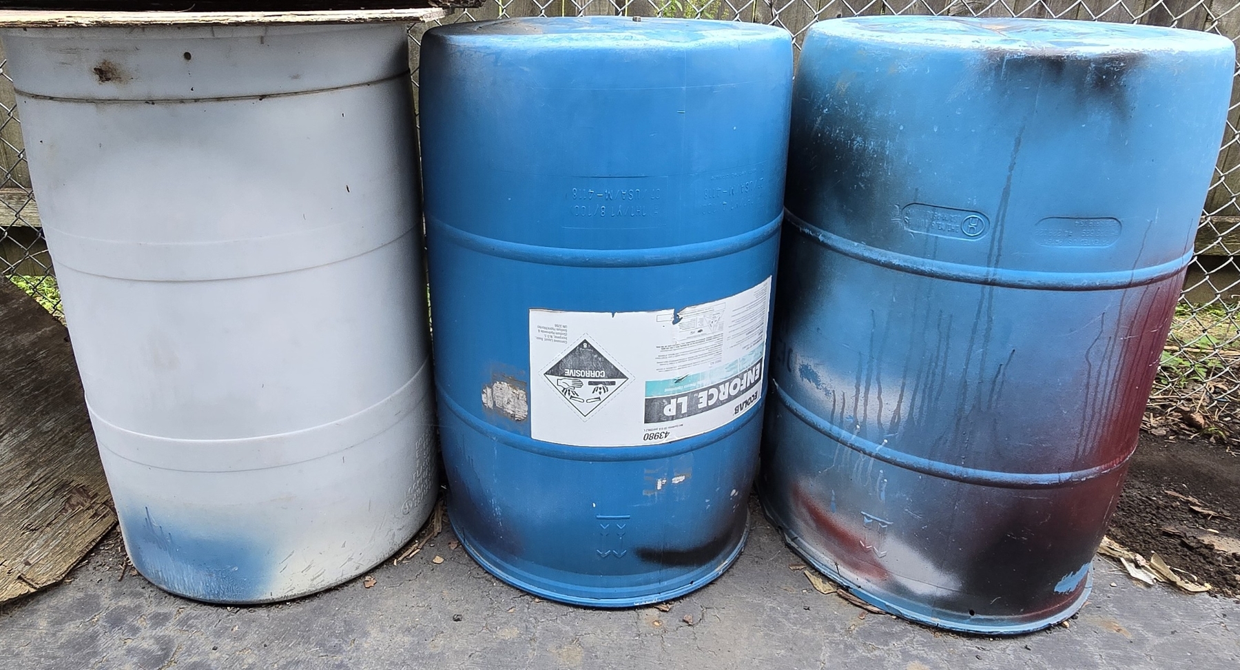 3 Plastic 55gal Barrels - No Lid, Holes in the Bottom - Bosley Auctioneers