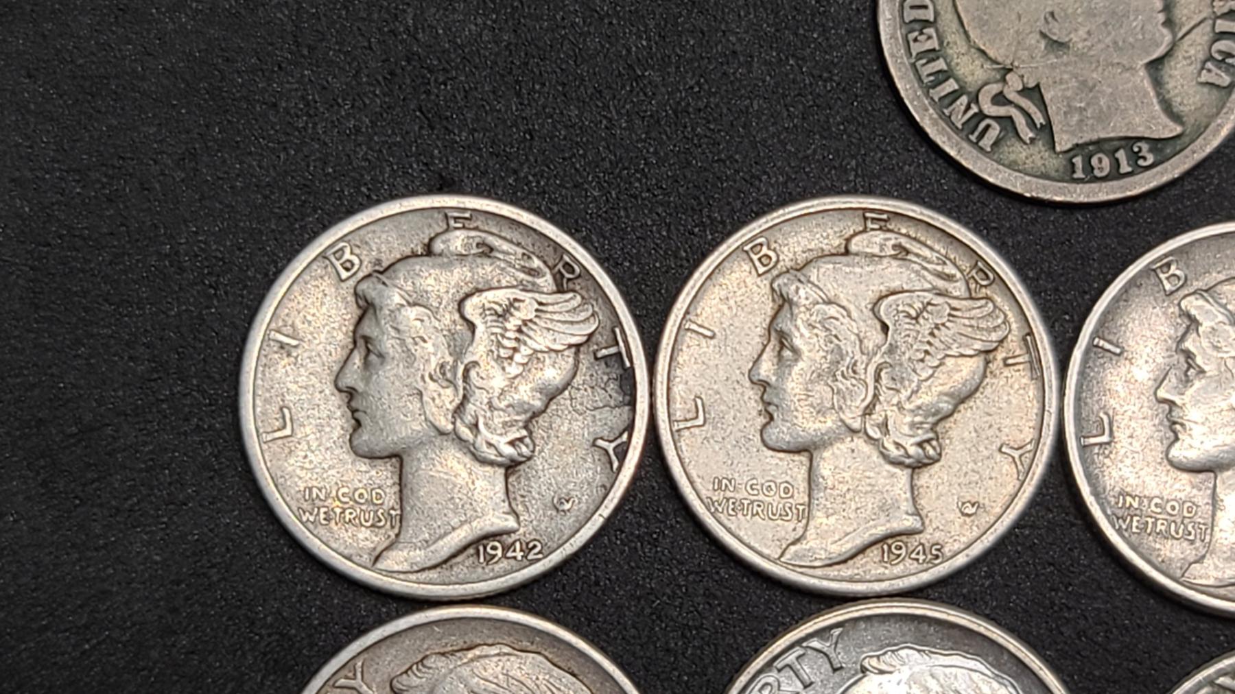 Assorted 90% Silver Dimes Including Barber, Mercury & Roosevelt Dimes ...