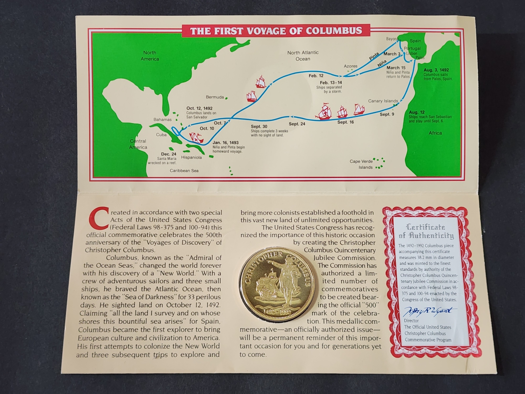 Christopher Columbus's First Voyage 500th Anniversary Commemorative ...