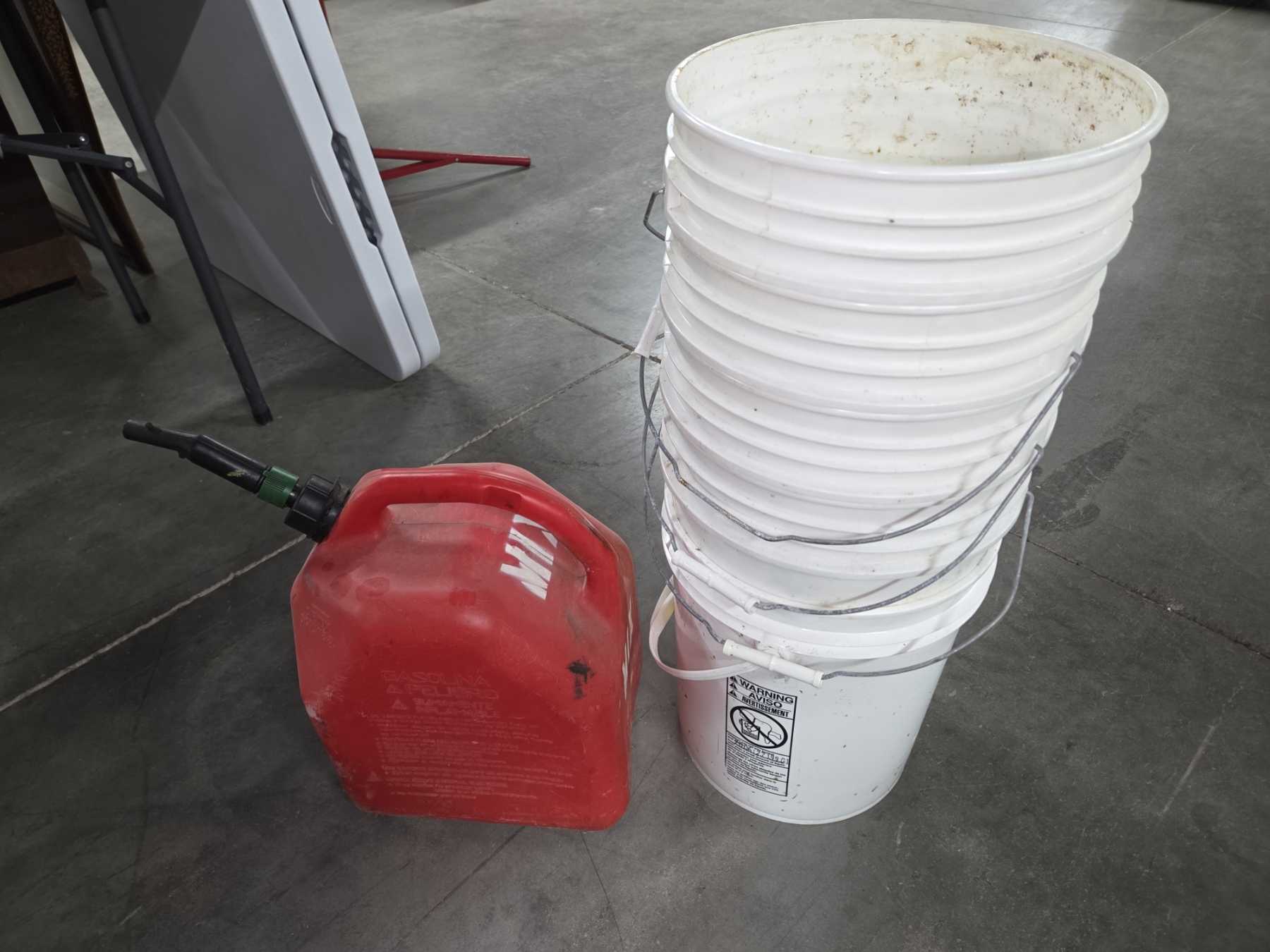 Five Gallon Gas Can & Five 5 Gallon Work Buckets