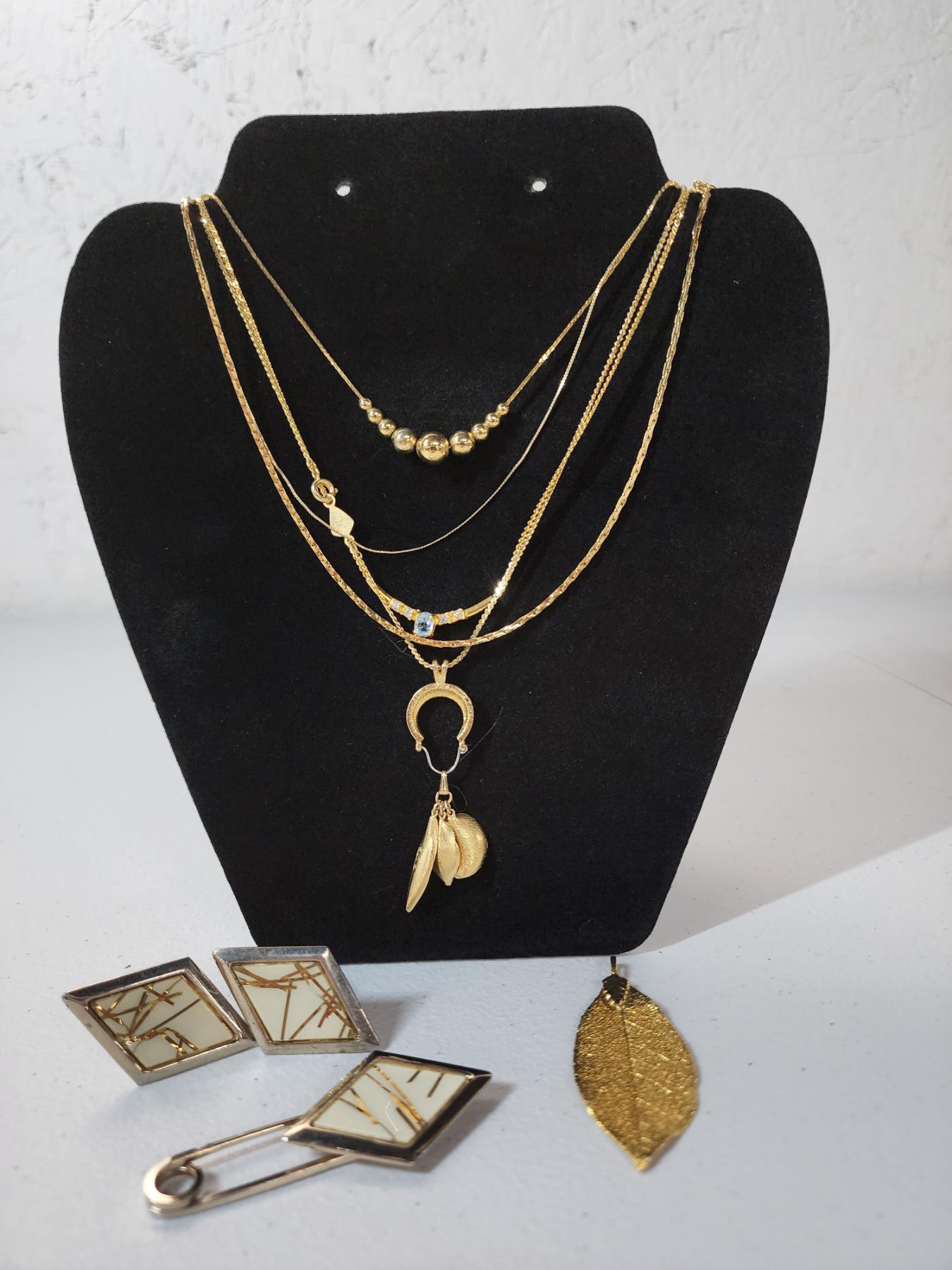 Lot of Gold-Tone Fashion Jewelry: 5 Necklaces, Leaf Pendant, Cufflinks ...