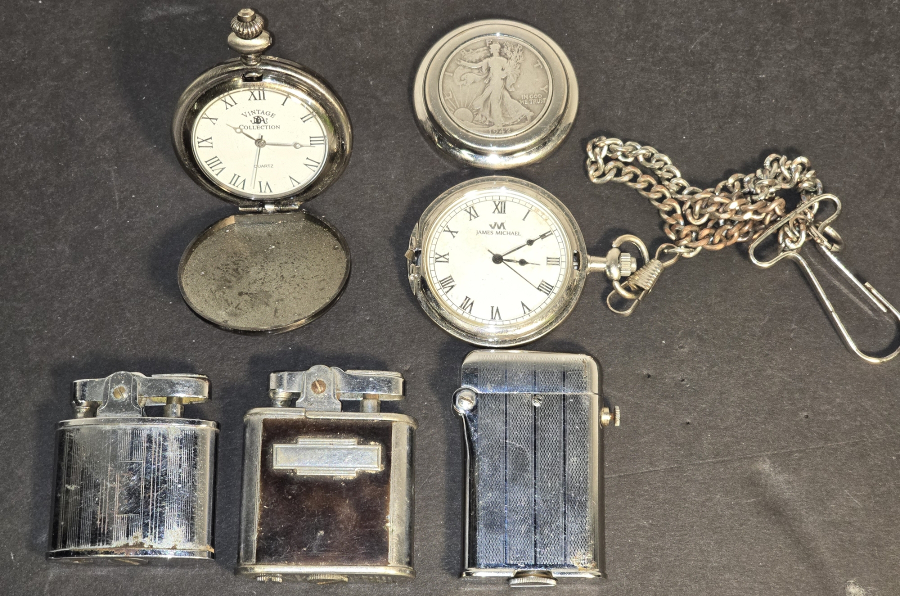Lot of 3 Lighters and 2 Pocket Watches - Bosley Auctioneers
