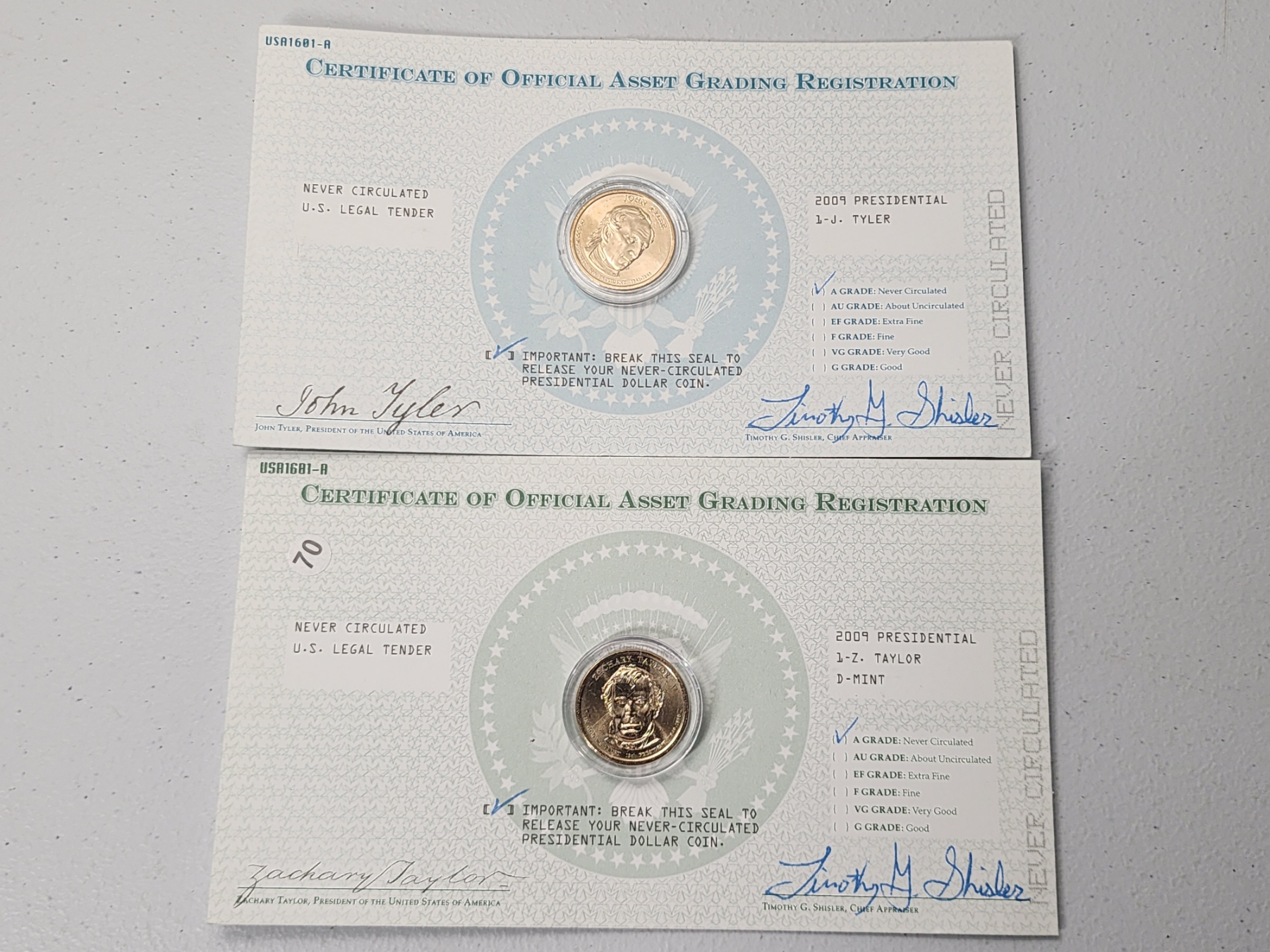 Never Circulated 2009 Certificate of Official Asset Grading ...
