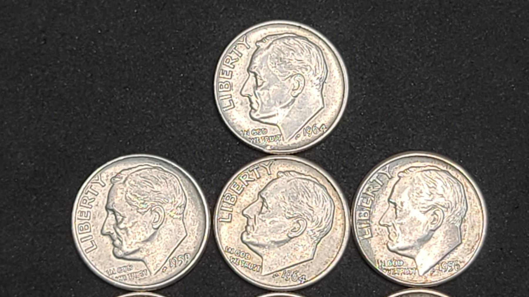 Assorted Years/Mint Marks 90% Silver Roosevelt Dimes - Face Value: $1. ...