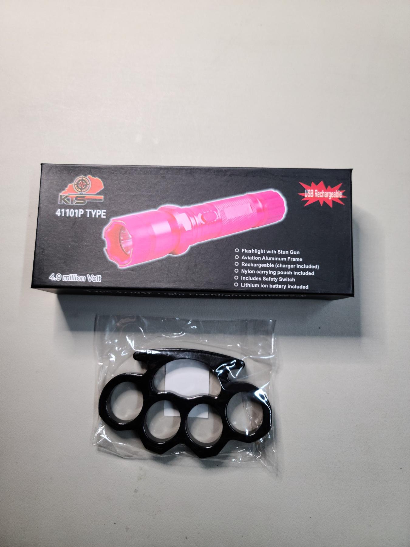 Brand New Pink USB Rechargeable 4.9 Volt Stun Gun Flashlight & Brass ...
