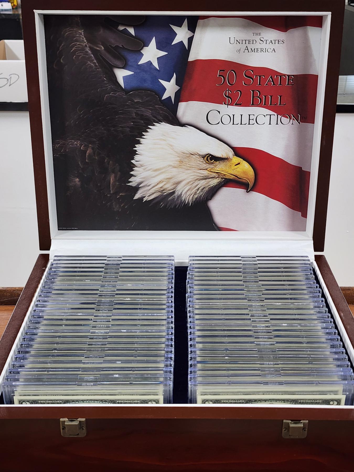 50 State $2 Bill Collection in Hardwood Display Box - $100 Face Value ...