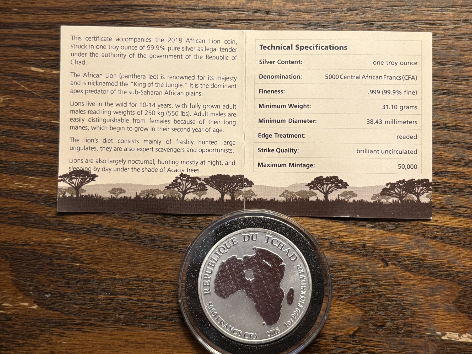 1 Ounce Fine Silver - 2018 African Lion Coin - 5000 Francs CFA - With ...