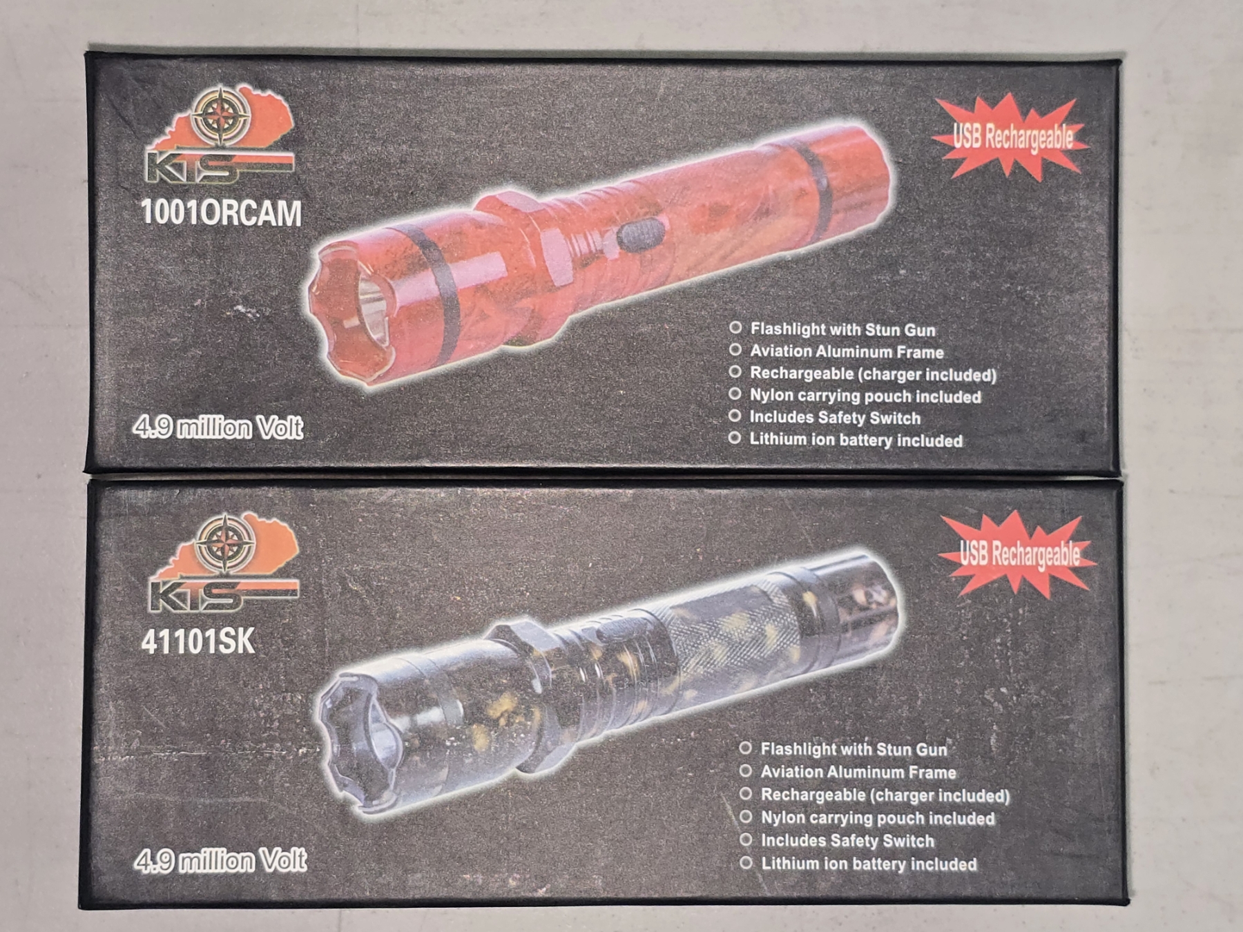 Lot of 2 Flashlights with Stun Gun Feature - Orange Camo & Black Camo