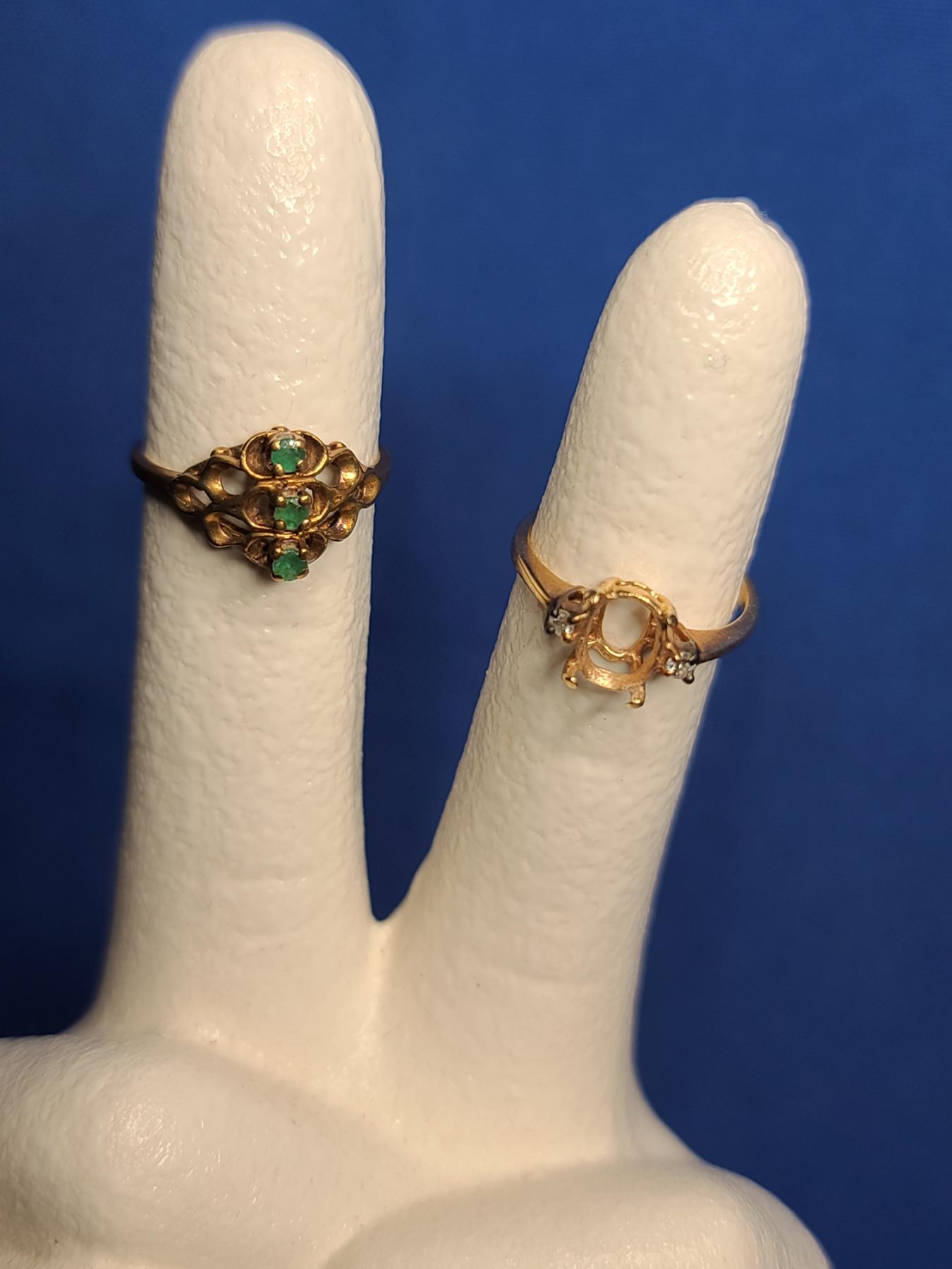 10K Gold Ring With Emeralds & 10K Gold Open Setting Ring With Clear ...