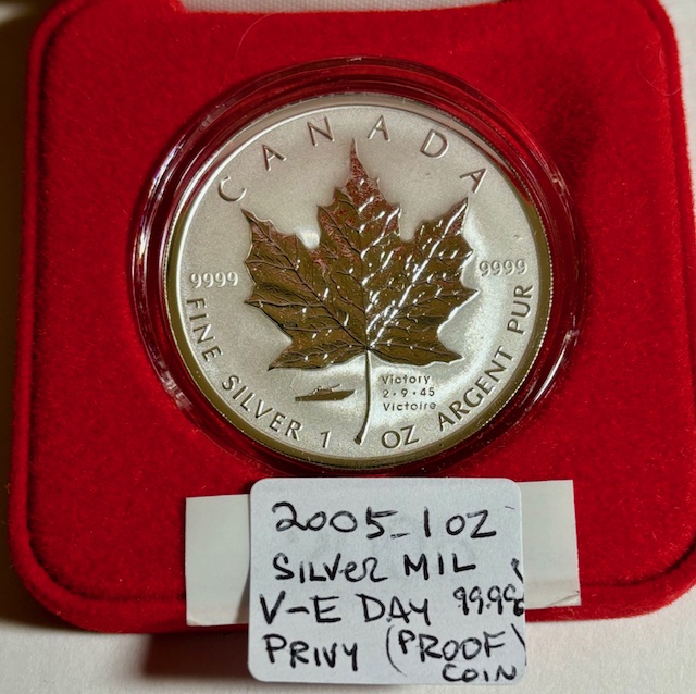 2005 1 OZ .999 SILVER MIL V-E DAY PRIVY PROOF COIN (TAX EXEMPT)