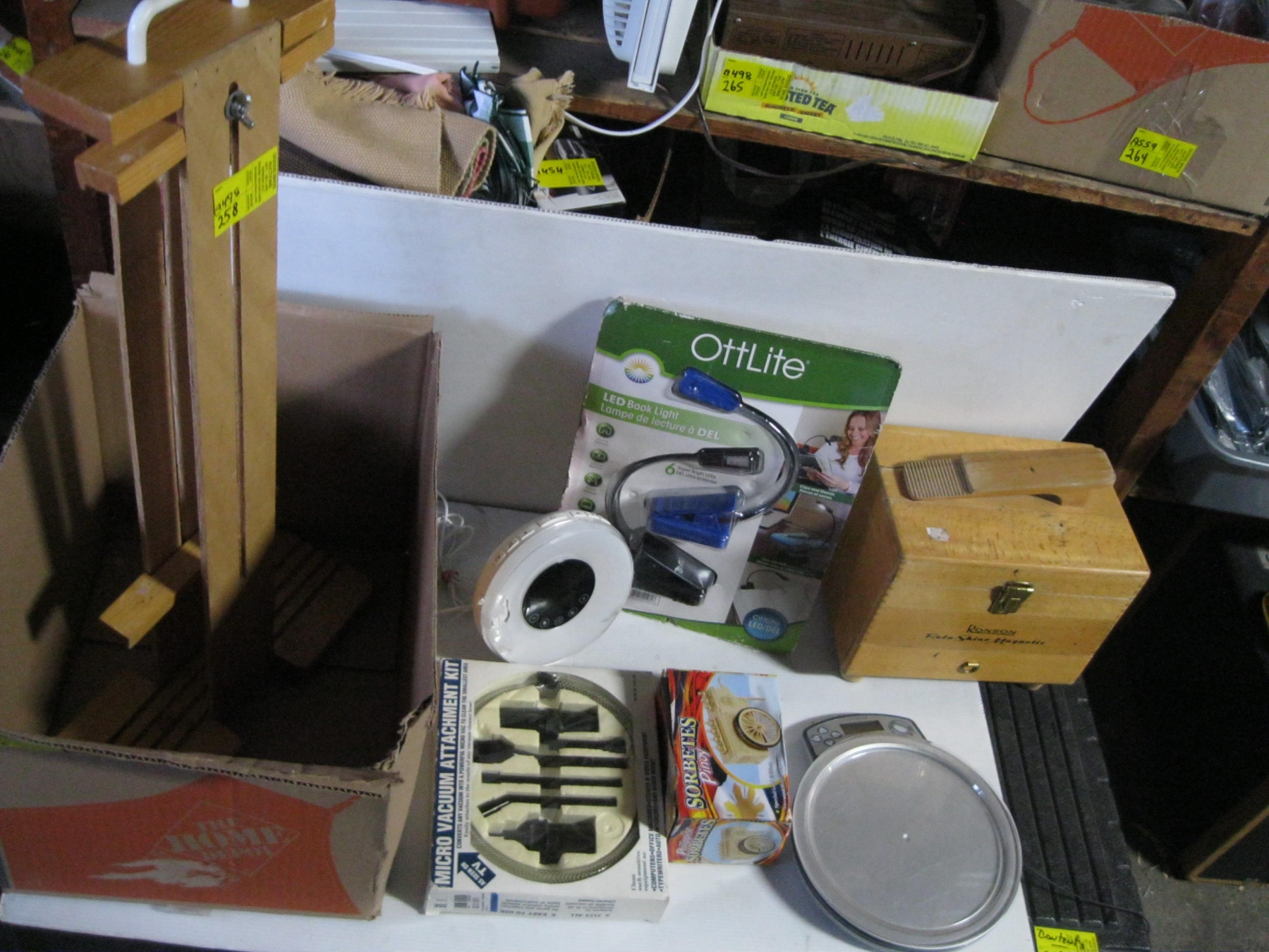 BOX OF MISC. OTTER LIGHT, SHOESHINE KIT, SCALE, ETC.