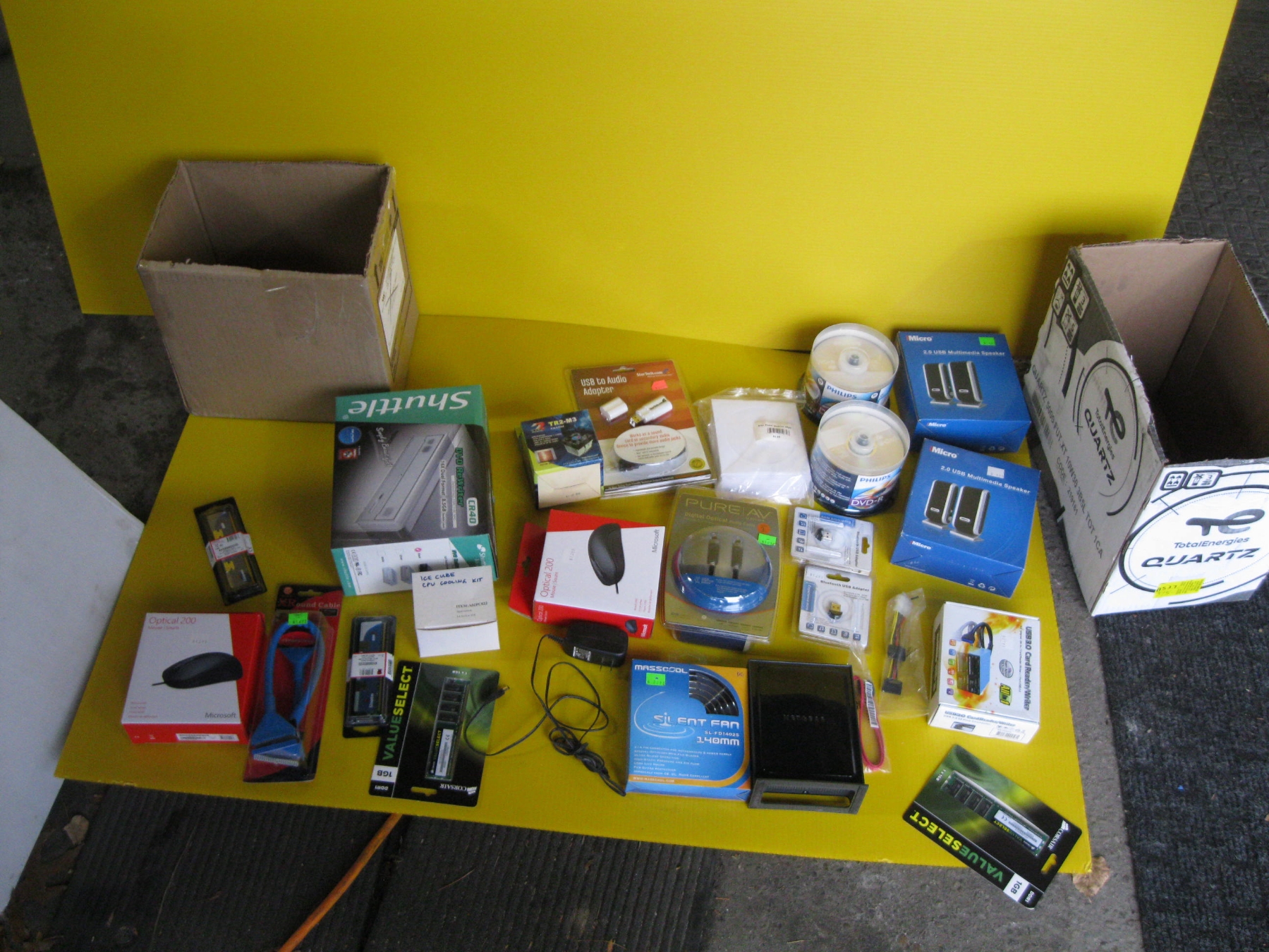 2 BOXES OF NEW COMPUTER ITEMS - DVD REWRITER, SPEAKERS, ETC.