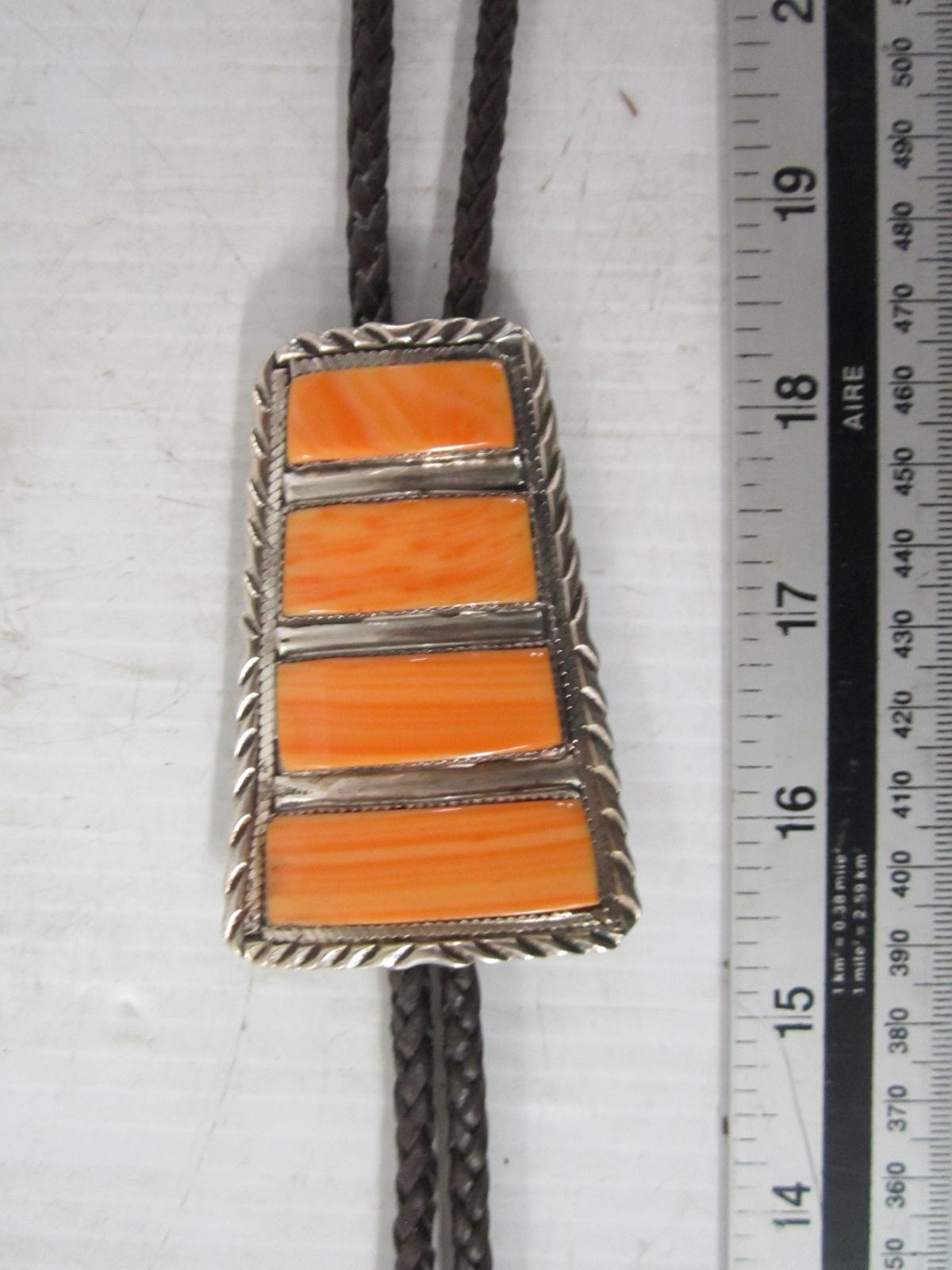 SILVER W/SPINY OYSTER STAMPED STERLING NAVAJO BOLO TIE
