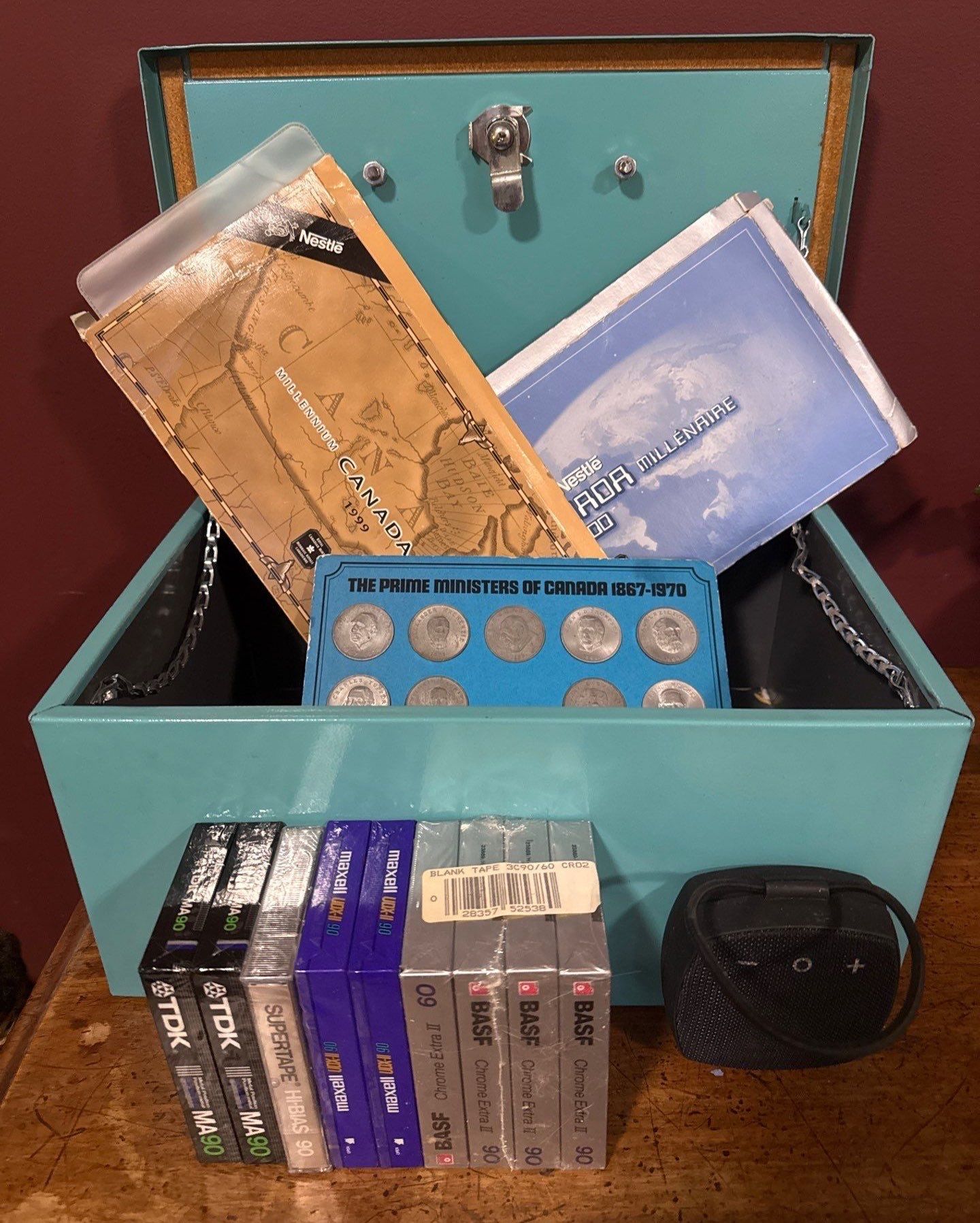 Keyed Lock Box w/ Coin Set Treasures New Cassettes Portable Speaker ...