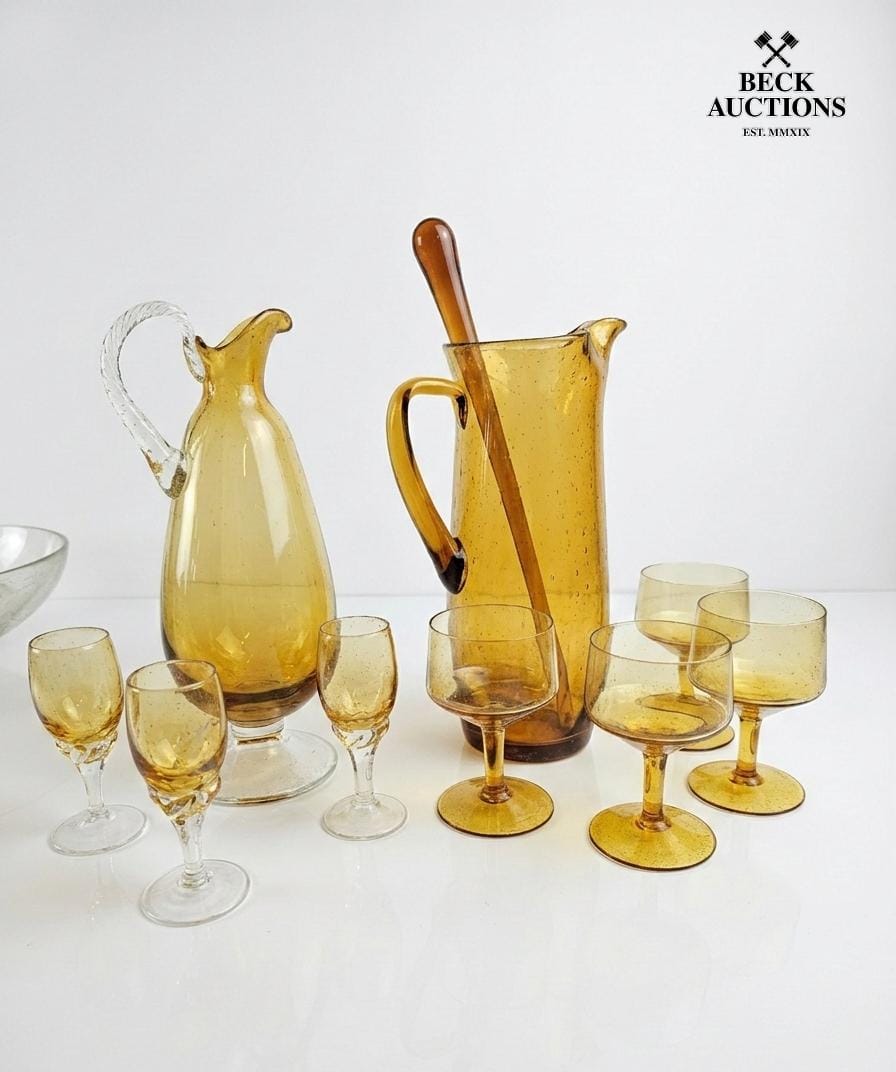 Two Of Vintage Amber Glass Pitcher And Glasses Set Pitchers Size 10 ...