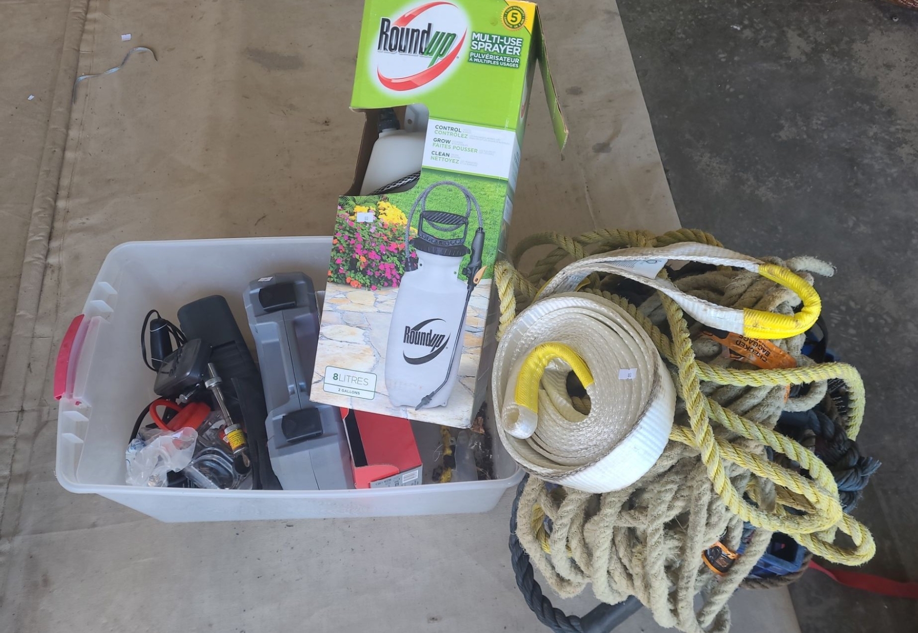Garage Bin w/ Dremel Tool Model 800, Round Up Sprayer, Rope and More ...