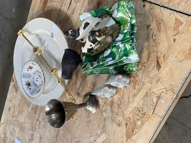 box of assorted items cow knapkin holder,rcmp cup bird plates etc