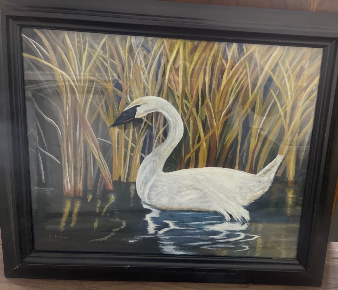 Wildlife Landscape Oil On Canvas of a Swan in Water with Tall Grasses ...