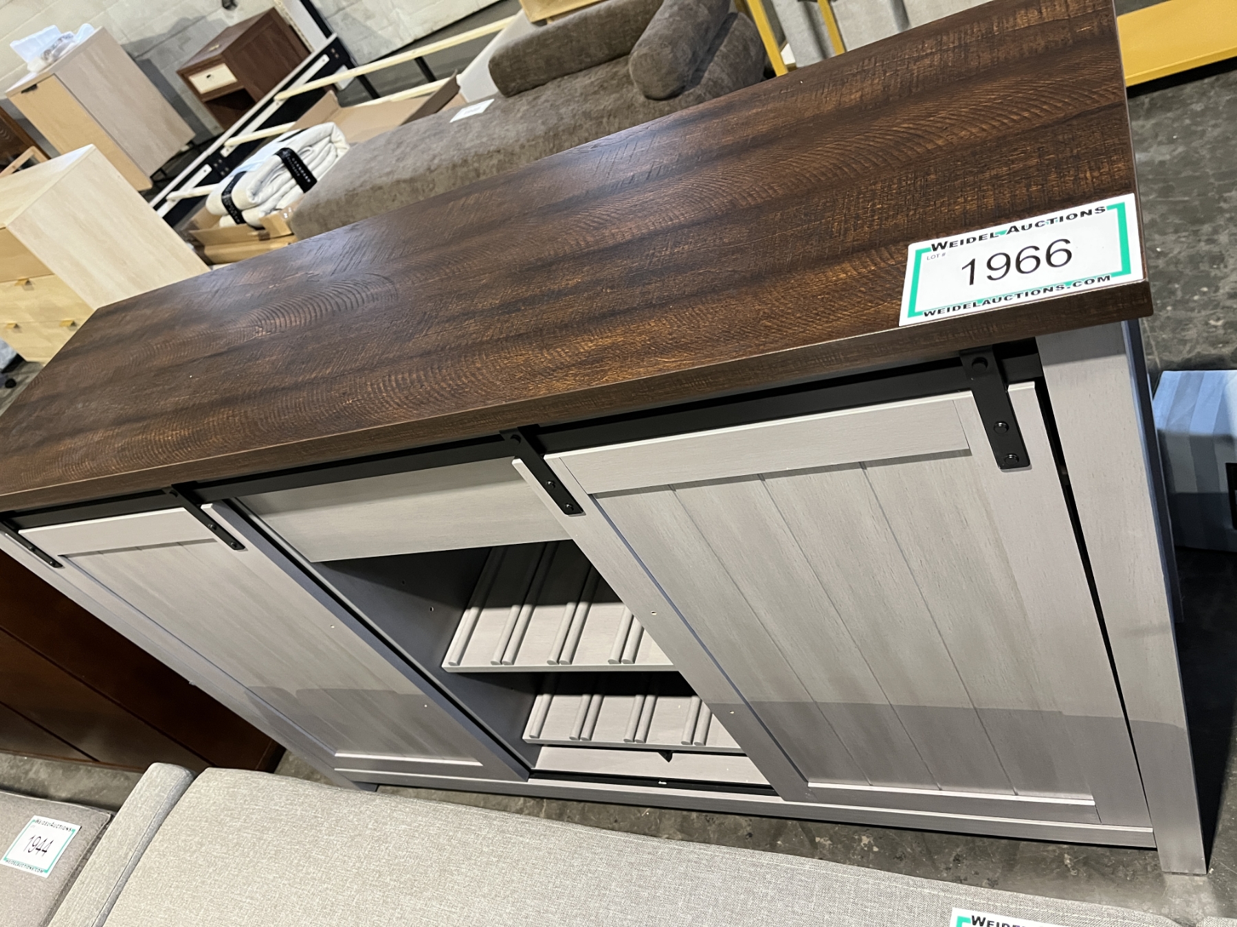 Gray with Dark Wood Top Buffet Table with sliding Barn Style Doors